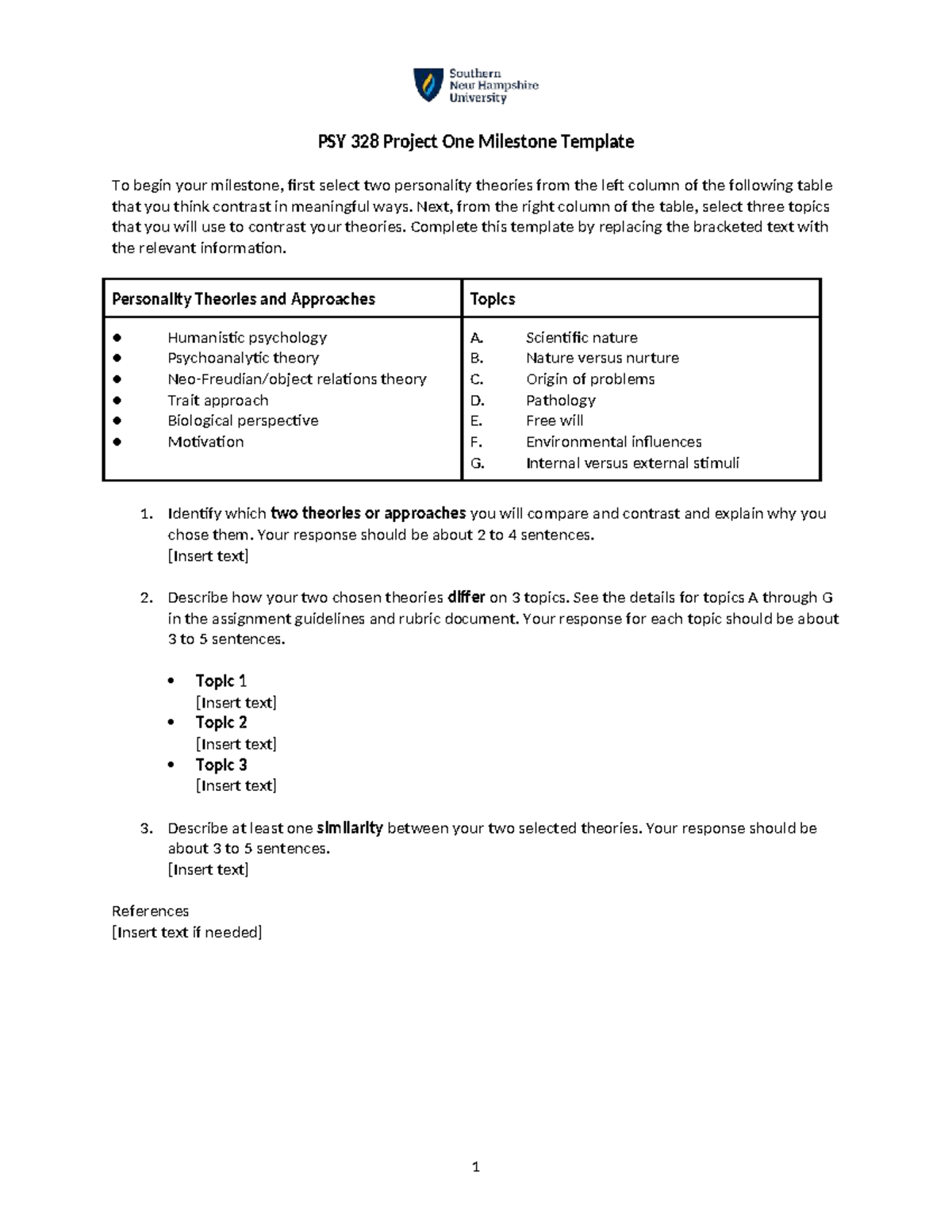 PSY 328 Project One Milestone Template: Comparing Personality Theories ...