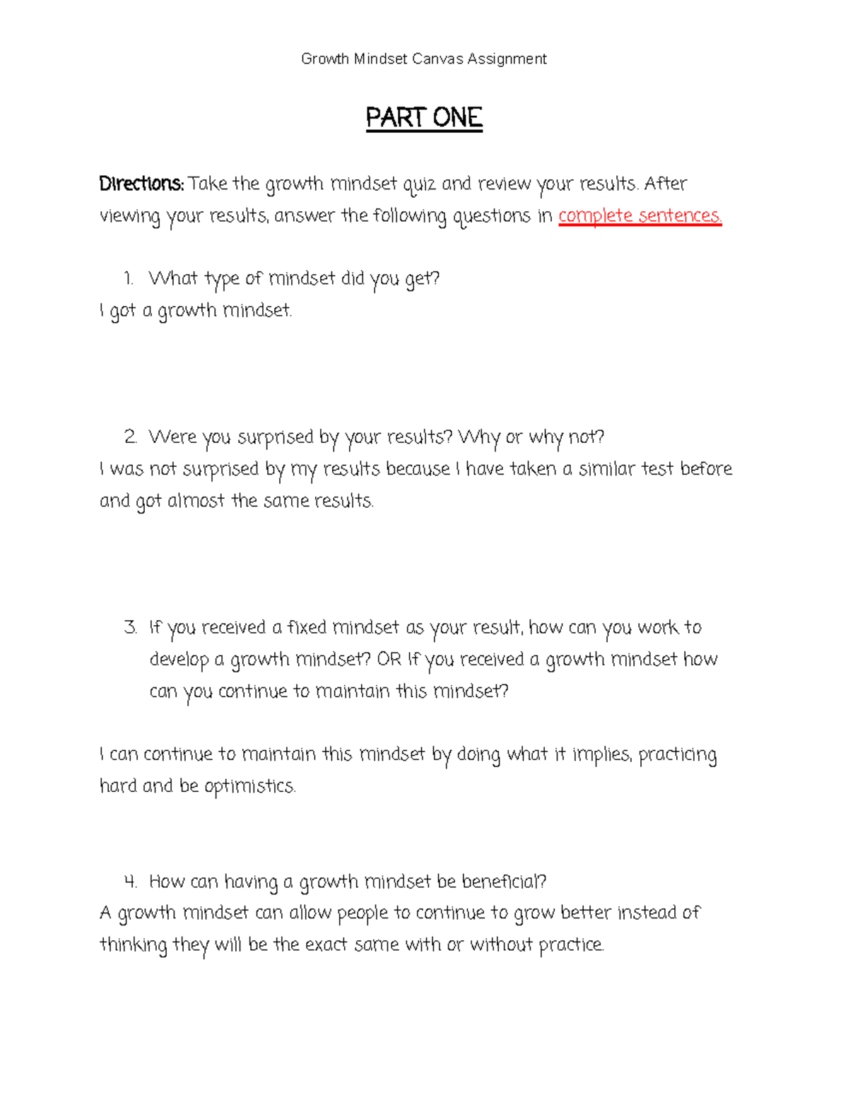 Growth Mindset Canvas Assignment 1: Quiz Results & Reflections - Studocu