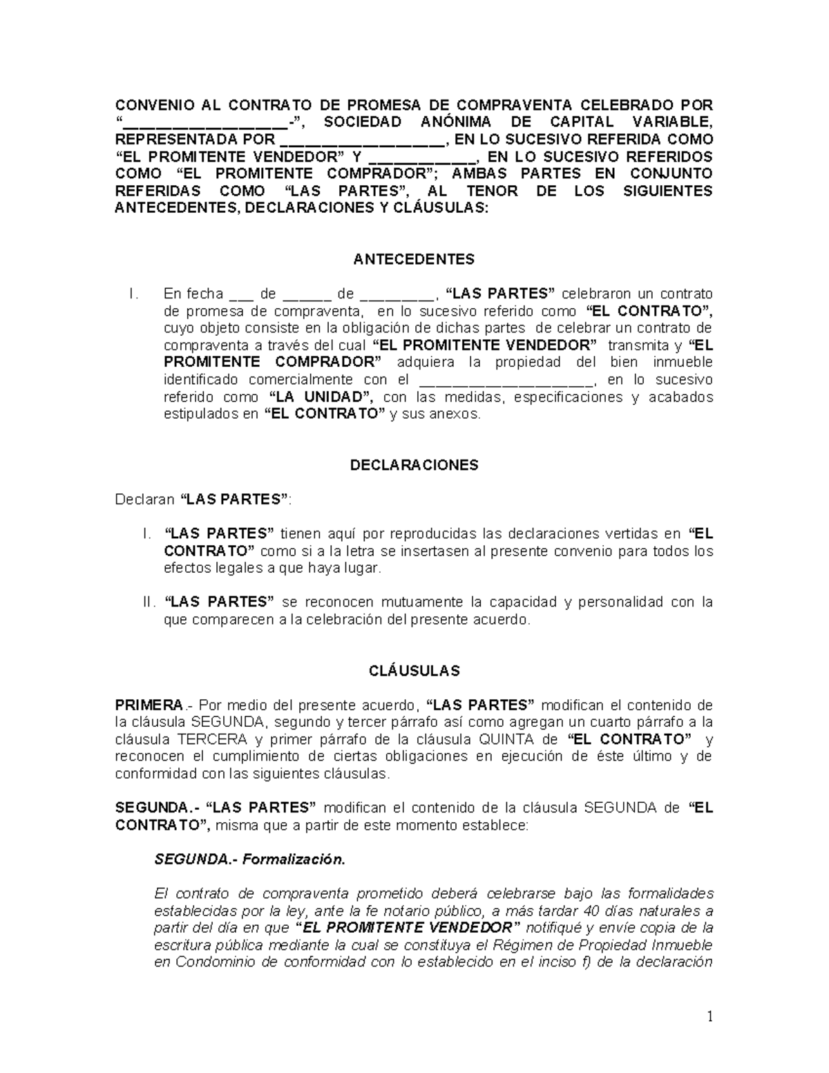 Modelo de Convenio Modificatorio del Contrato de Promesa de Compraventa ...