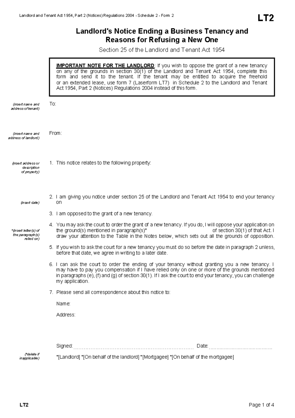 Section 25 Notice Form 2 - Landlord & Tenant Act 1954 (LT2) - Studocu