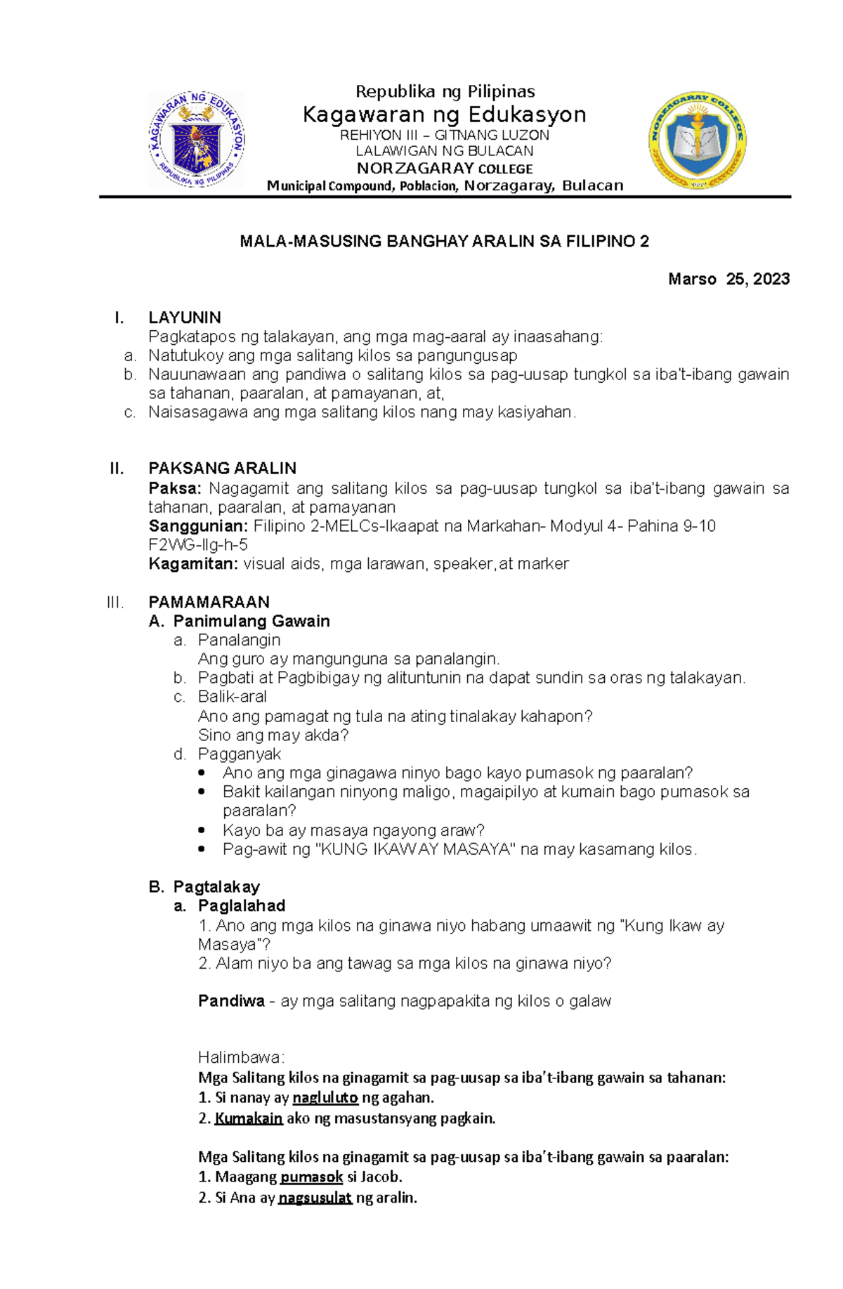 Mariel Lesson Plan for Filipino 2 on Action Words - Studocu