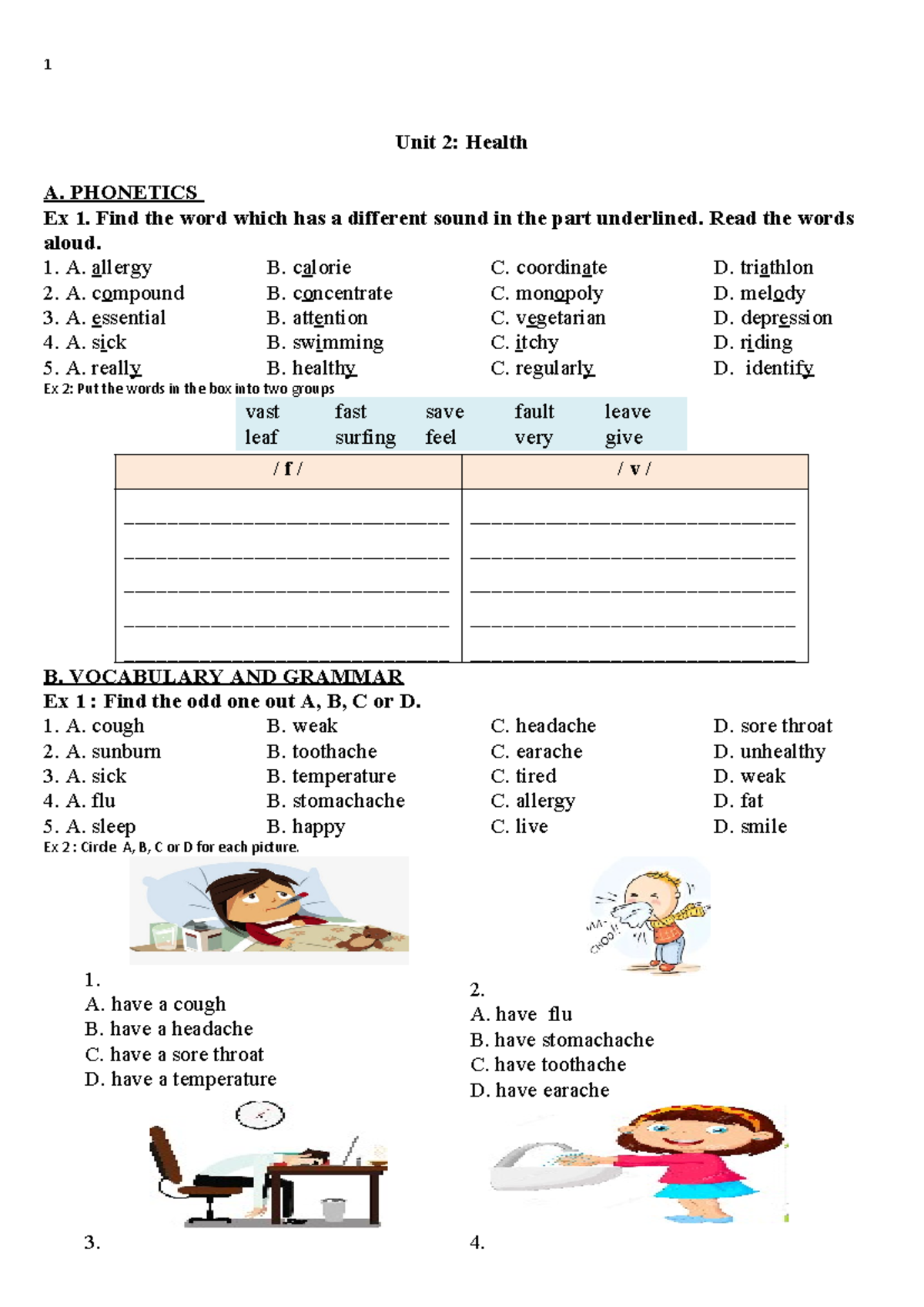ANH 7 UNIT 2: Health - Phonetics, Vocabulary, and Writing Exercises ...