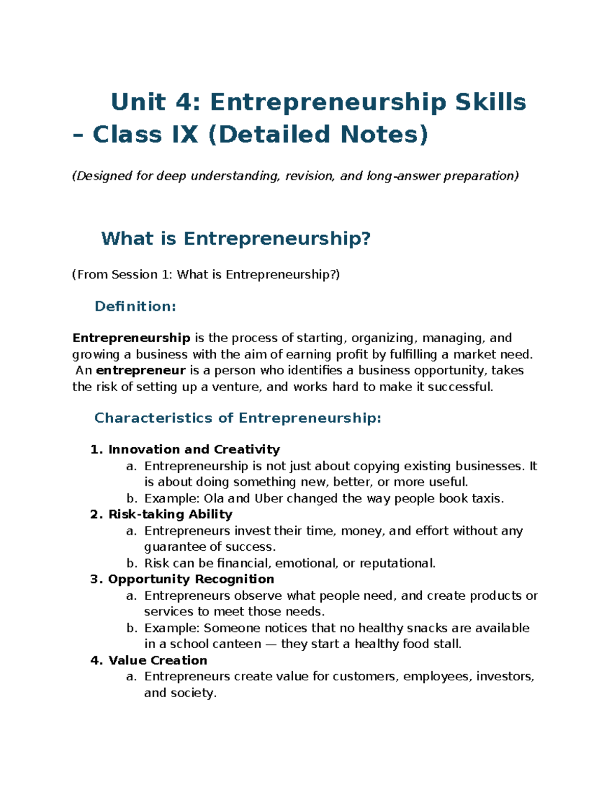Unit 4: Entrepreneurship skills class IX (Detailed notes for revision ...