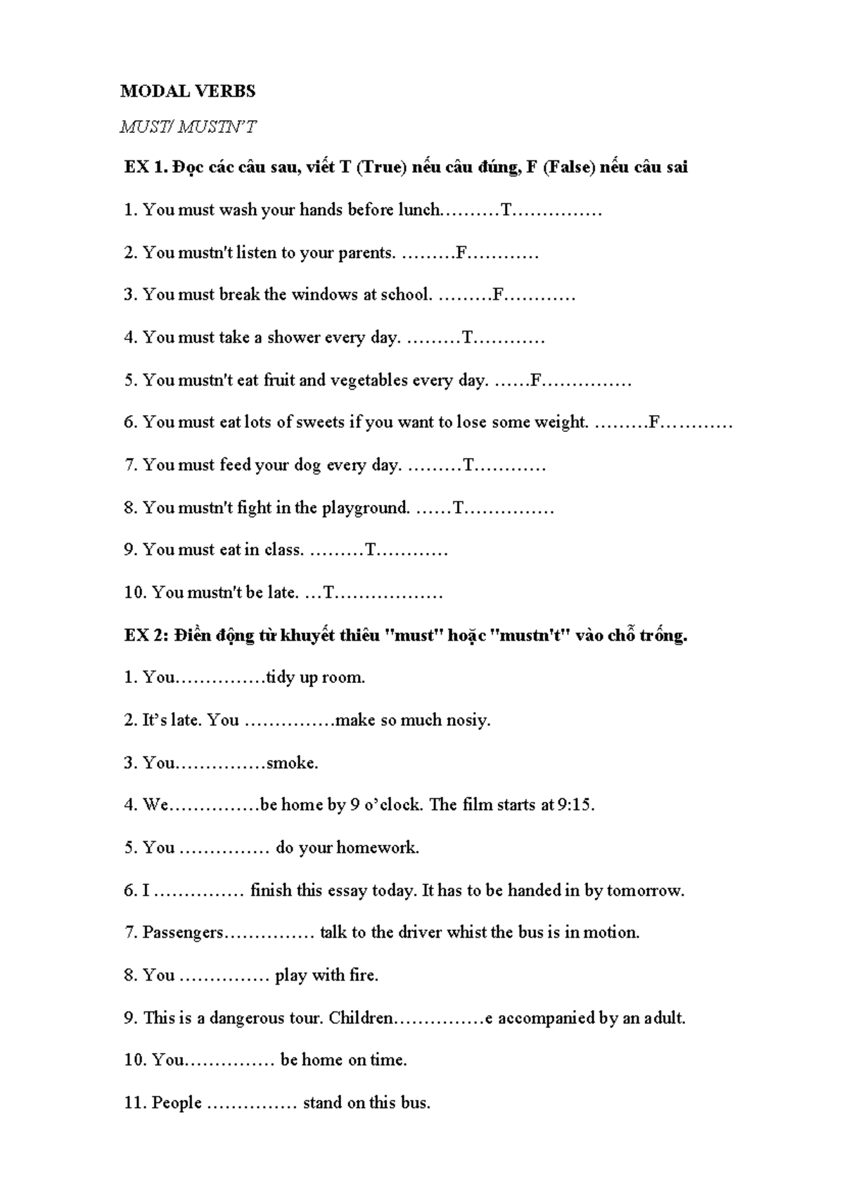 Modal Verbs Exercises - Tài liệu Học Tập - Studocu