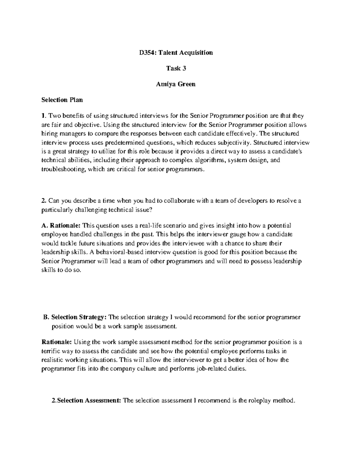 D354 Task 3 - passed - D354: Talent Acquisition Task 3 Amiya Green ...
