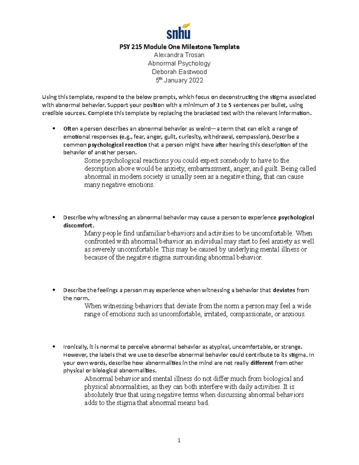 PSY 215 Module One Milestone 1-1 SNHU - PSY 215 Module One Milestone ...