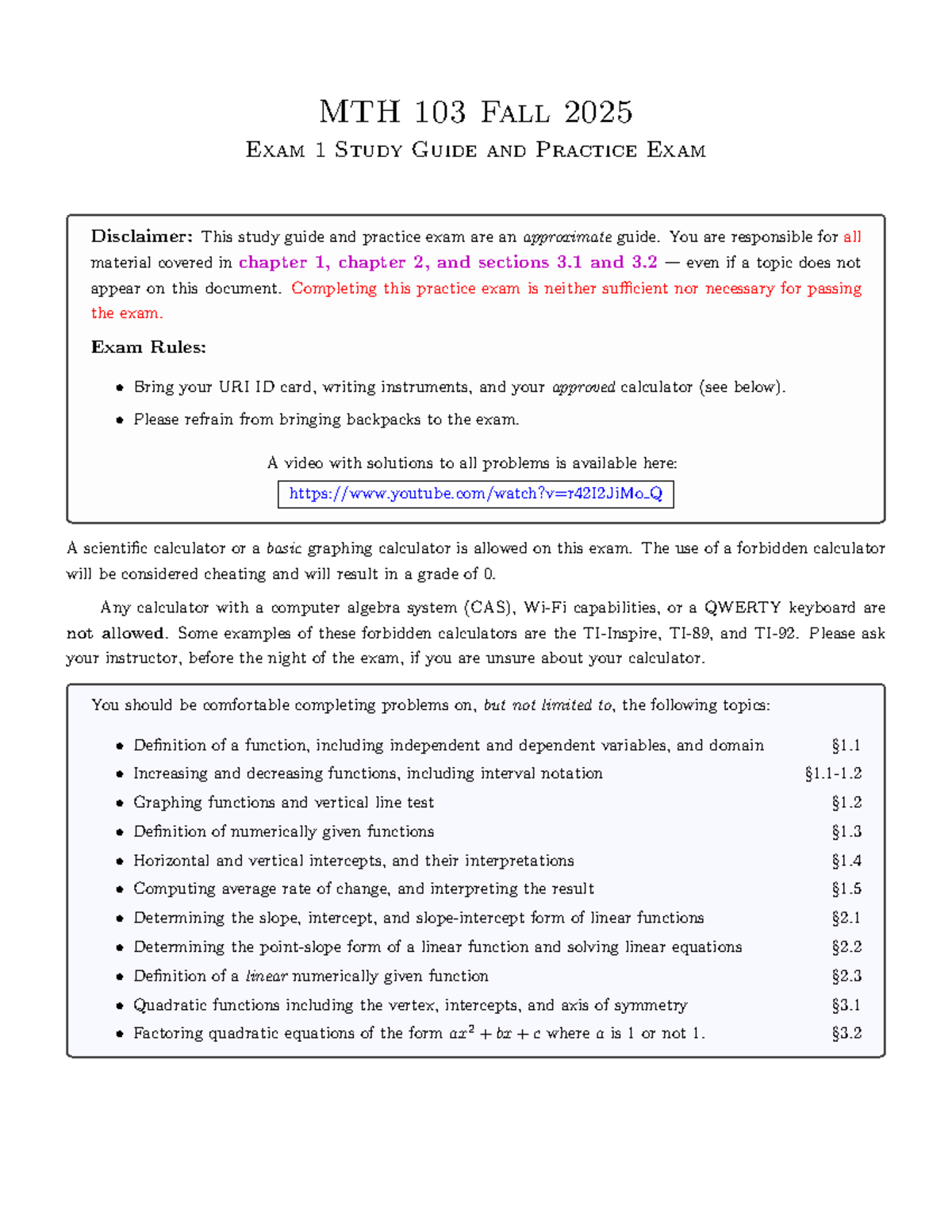 MTH 103 Fall 2025 Exam 1 Study Guide & Practice Exam Guide - Studocu