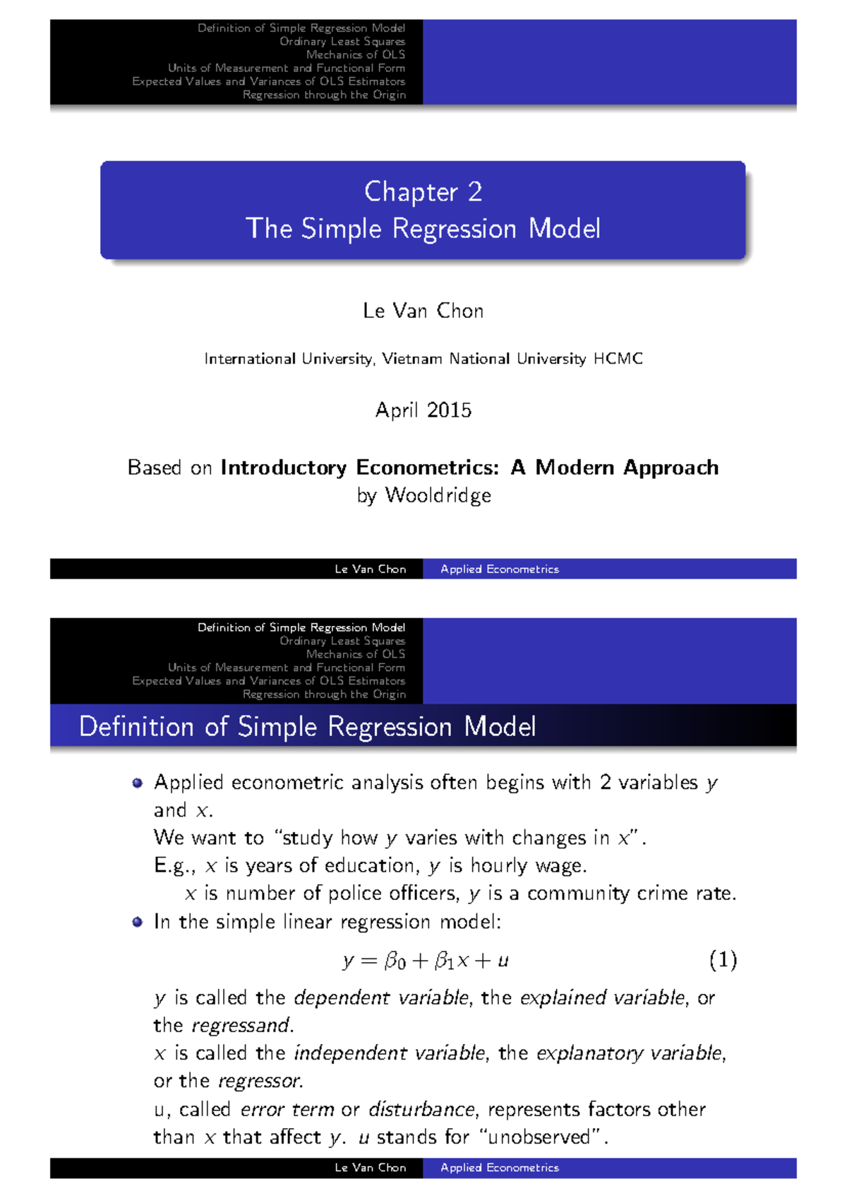 Chapter 2: The Simple Regression Model in OLS - Le Van Chon - Studocu