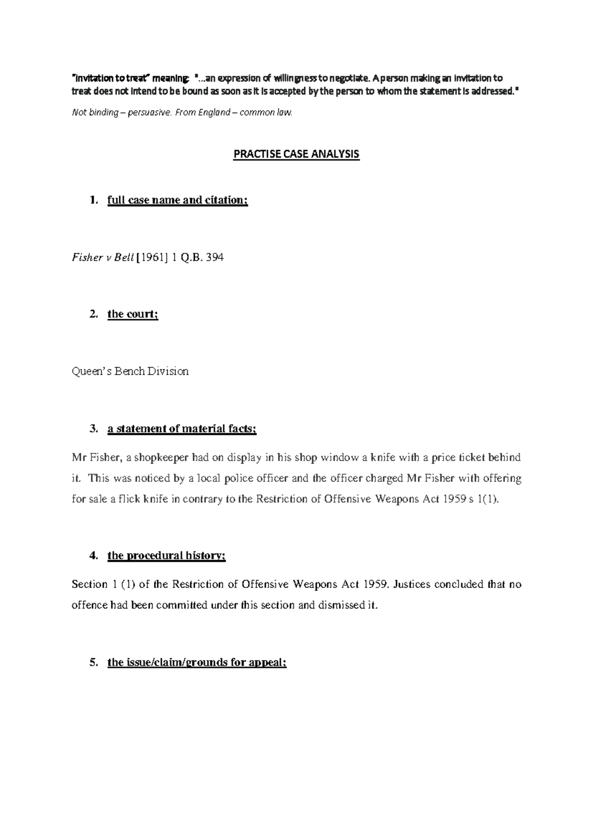 Practise Case Analysis - Fisher v Bell: Legal Insights and Findings ...