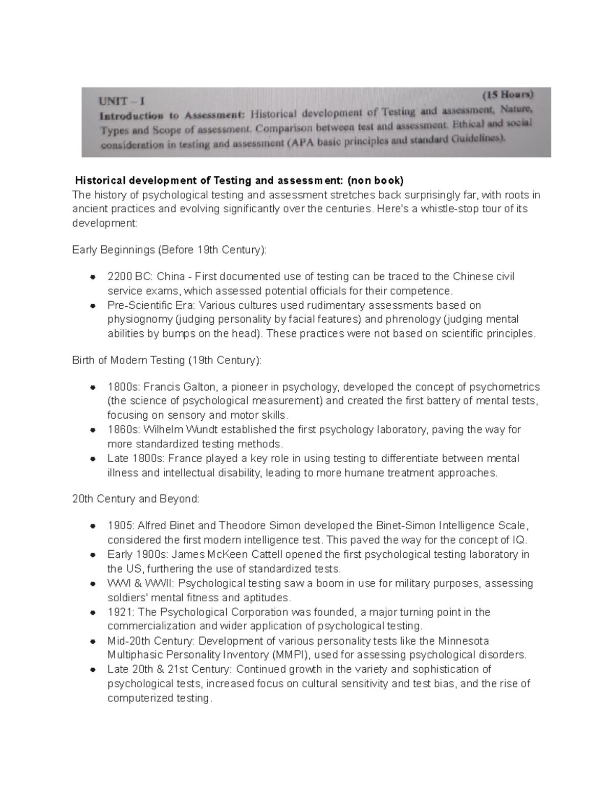 Historical Development of Testing and Assessment (PSY 101) - Studocu