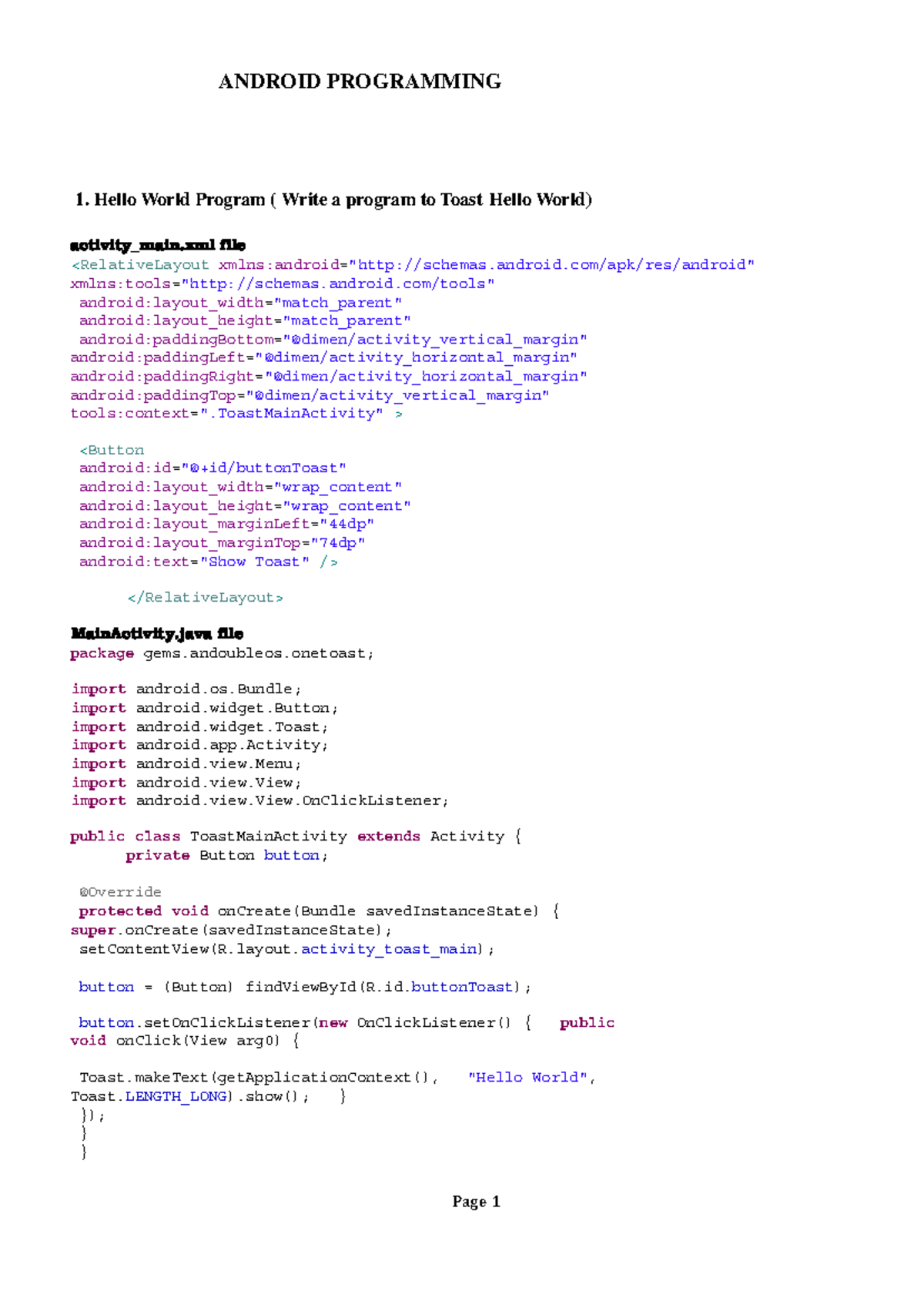 Android Lab Programs - ANDROID PROGRAMMING 1. Hello World Program ...