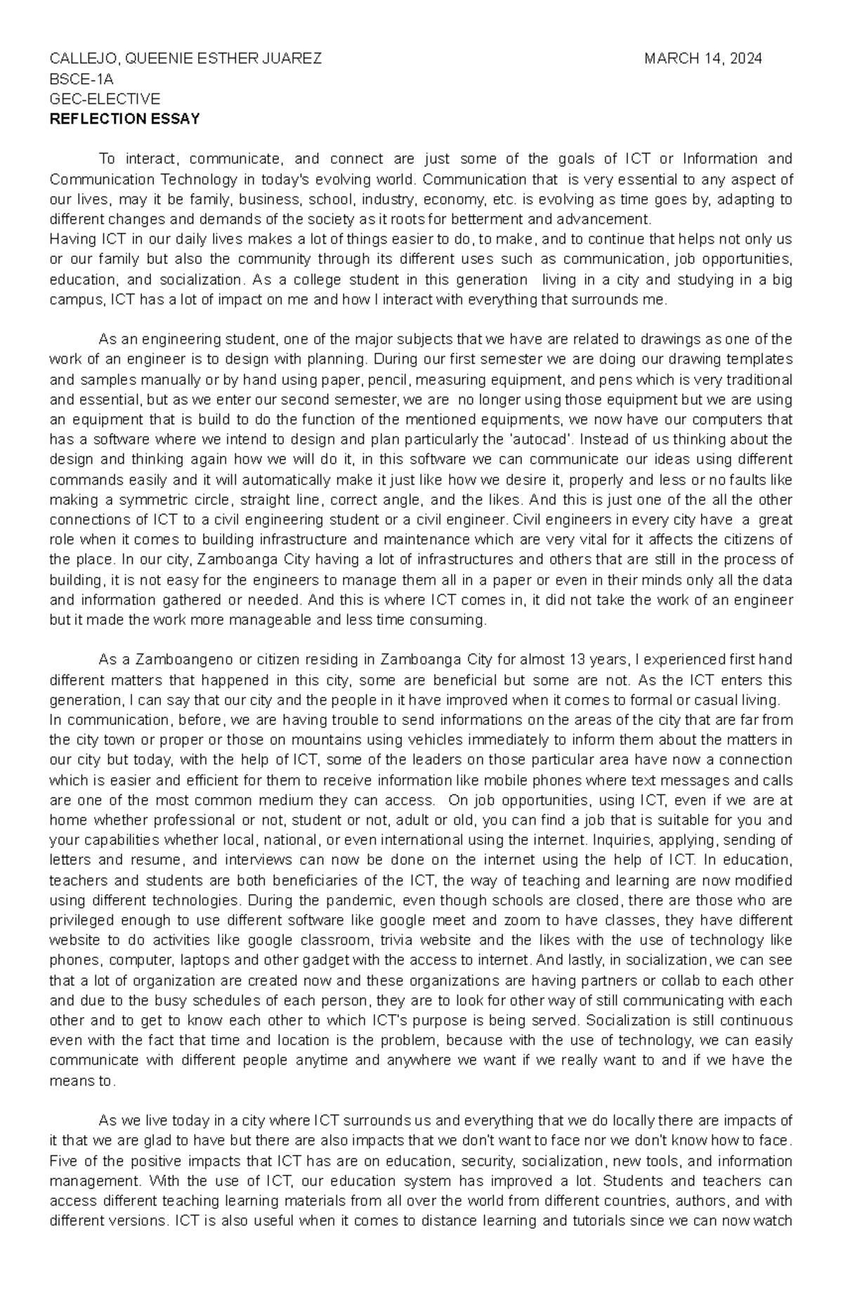 GEC-ELECTIVE REFLECTION ESSAY- WHAT IS ICT - CALLEJO, QUEENIE ESTHER ...