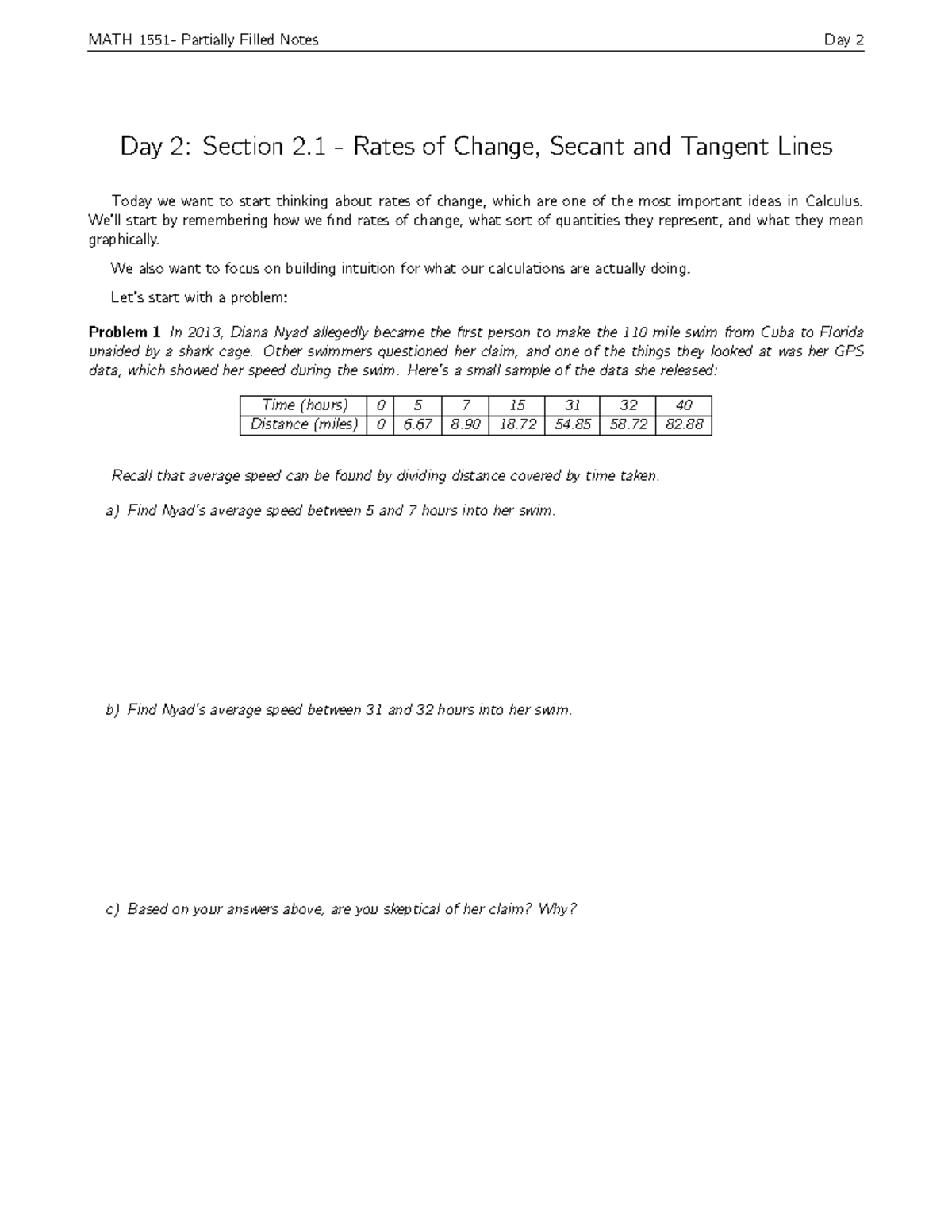MATH Partially Filled Notes Day 2: Rates of Change & Tangent Lines ...