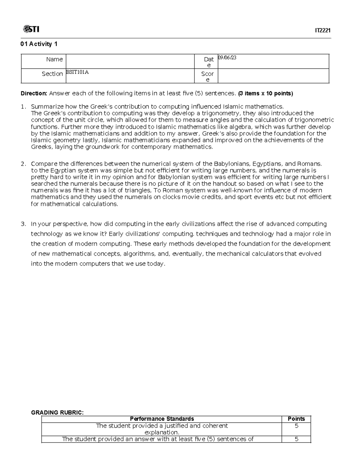 01 Activity 1 intro to computing - 01 Activity 1 IT Name Dat e 09/06/ Section BSIT101A Scor e ...