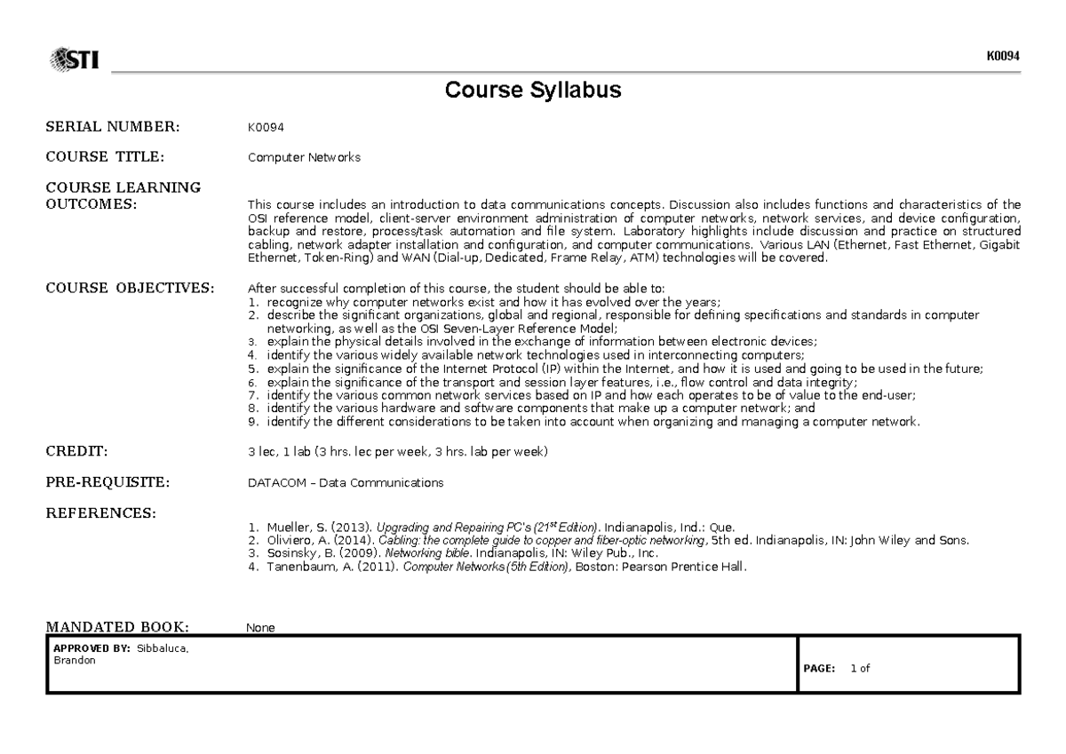 K0094 Course Syllabus: Computer Networks Overview and Learning Outcomes ...