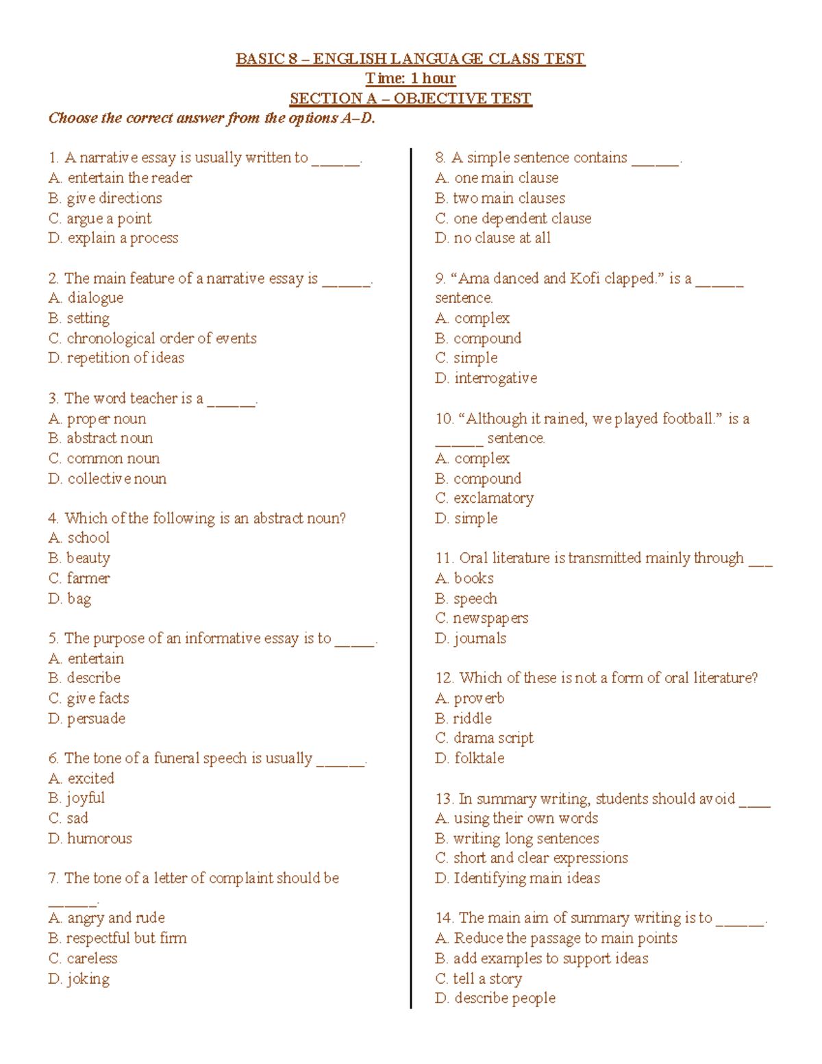 BASIC 8 ENGLISH LANGUAGE CLASS TEST: OBJECTIVE QUESTIONS - Studocu