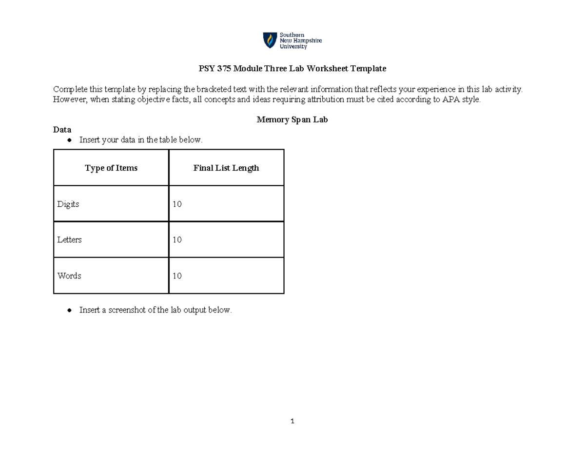 PSY 375 Module Three Lab Worksheet: Memory & Mental Rotation Analysis ...