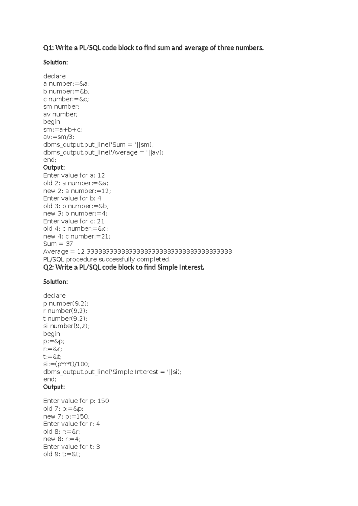 PLSQL Exercises - Practical Programs for Coding Solutions - Studocu