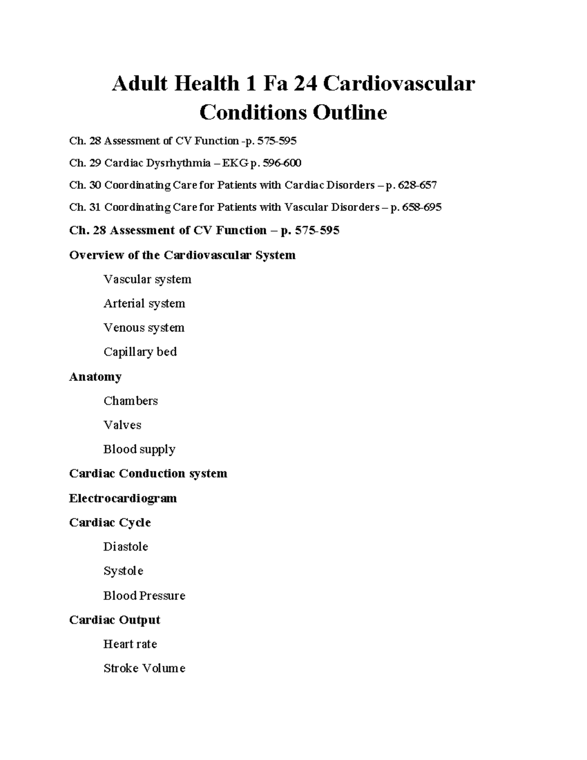Adult Health 1 Fa 24 Cardiovascular System Outline and Key Concepts ...