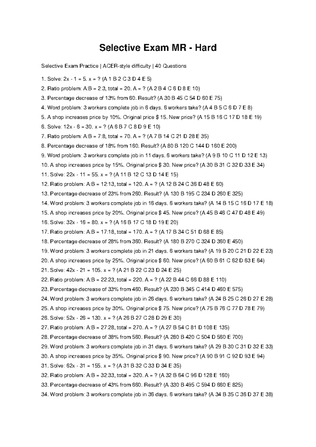 Selective Exam MR Hard Practice: 40 Questions on Math Concepts - Studocu
