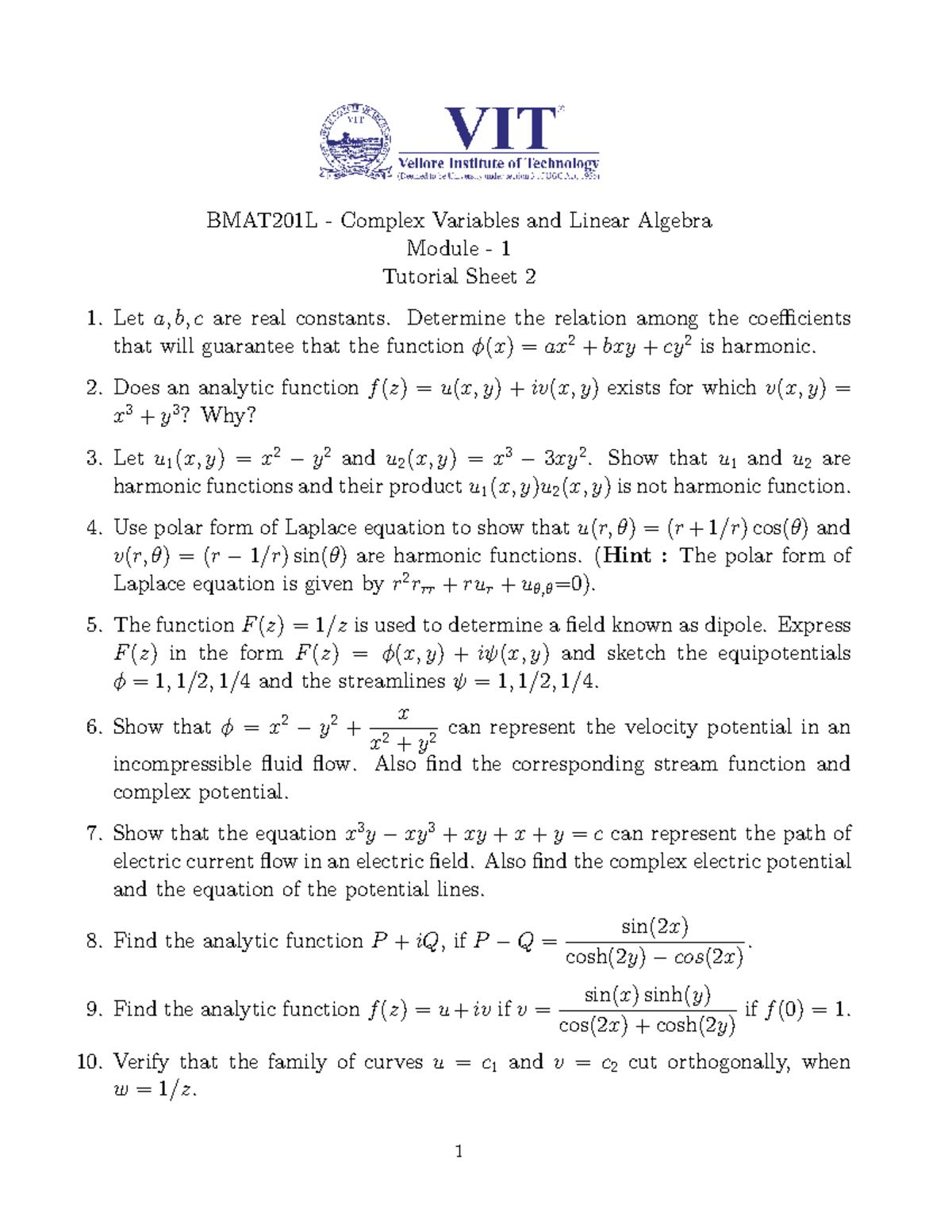 BMAT201L Complex Variables & Linear Algebra Mod 1 Tutorial Sheet 2 - Studocu