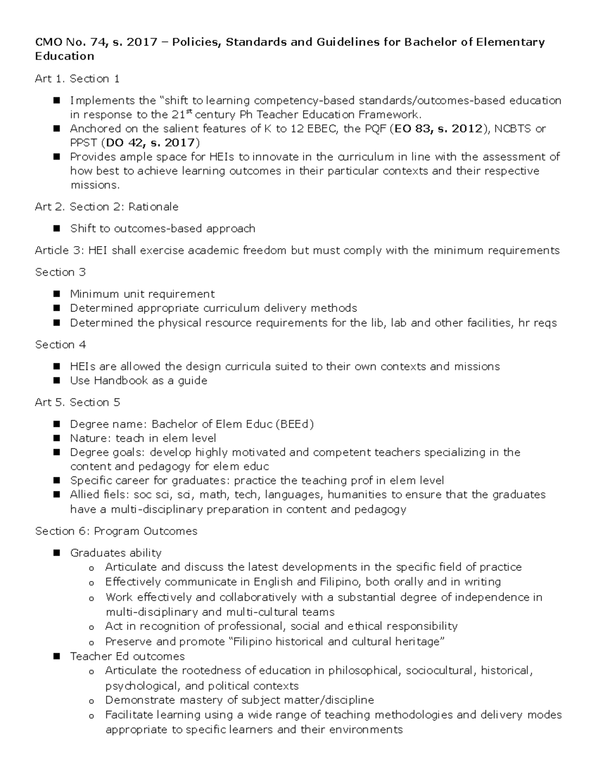 CMO 74-75 - Policies & Guidelines for BEEd & BSEd Programs - Studocu