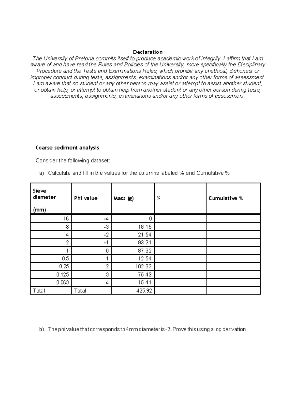 Analytical exercise - Week 4 (Coarse sediment analysis) - Declaration ...