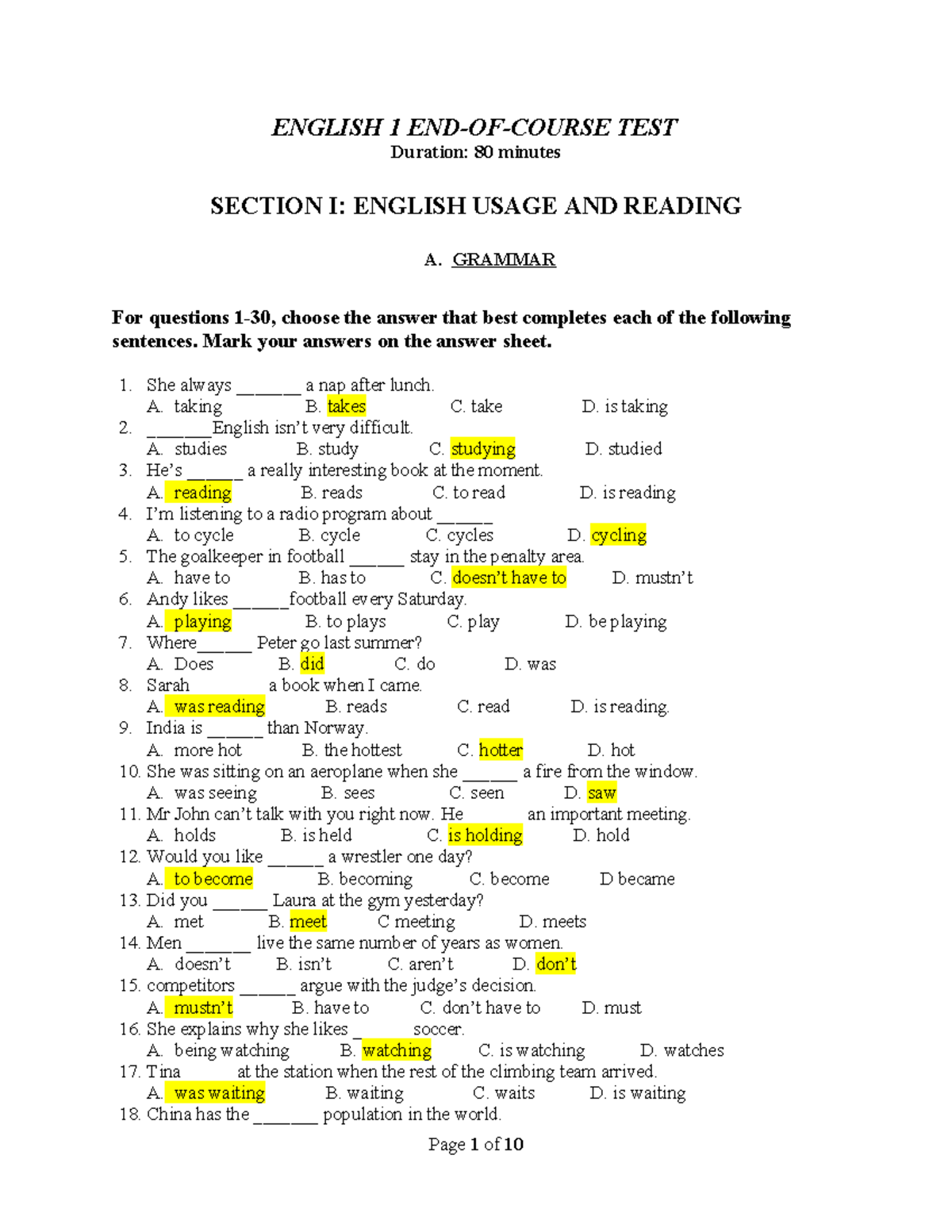 Practice Test 2 for ENGLISH 1 - Answer Key and Solutions - Studocu