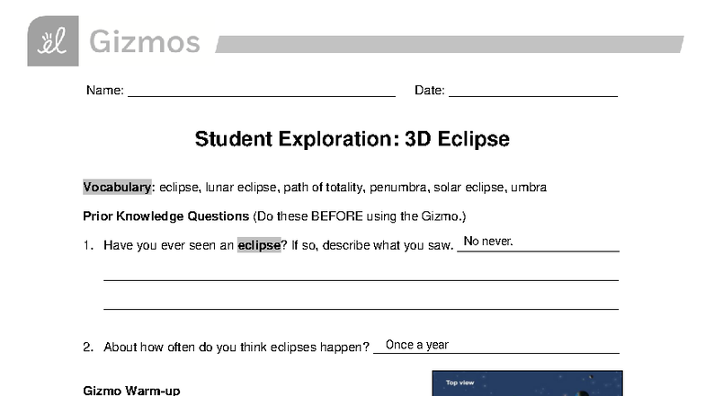 3D Eclipse Exploration: Gizmo Activity & Vocabulary Guide - Studocu