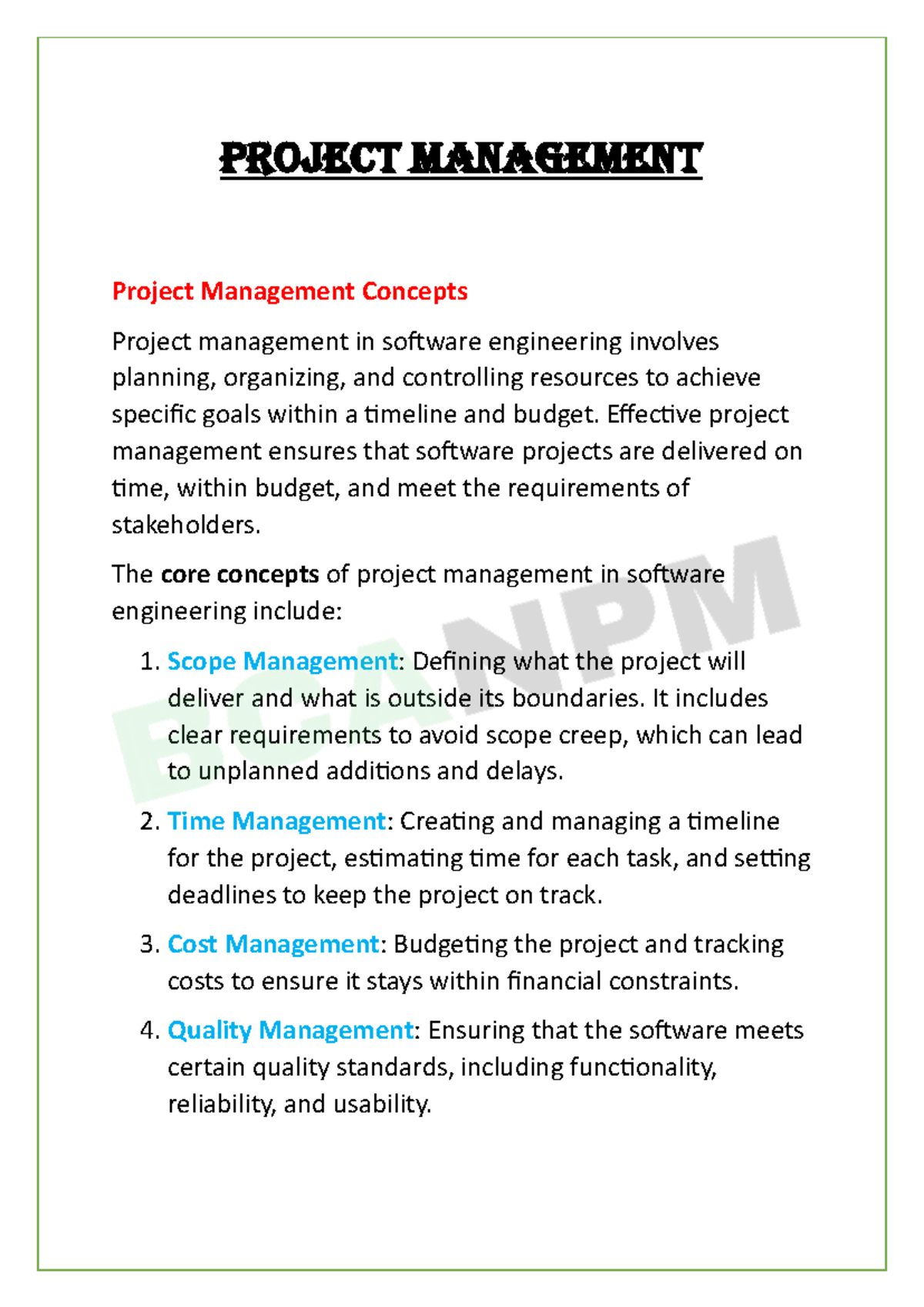 2-Project Management - Comprehensive Study Notes on Key Concepts - Studocu