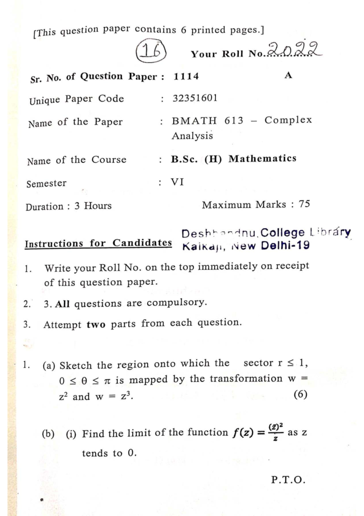 BMATH 613 Complex Analysis & Mathematical Finance PYQ (Sem VI) - Studocu