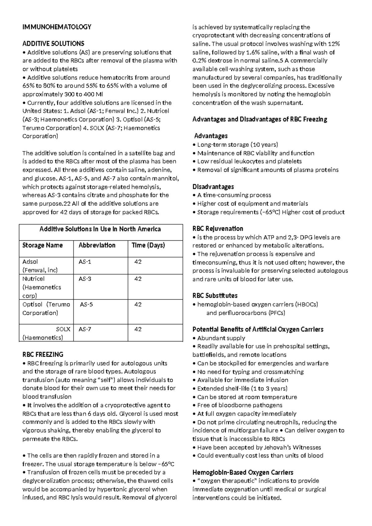 Immunohematology - Lesson 1: Additive Solutions & RBC Preservation ...