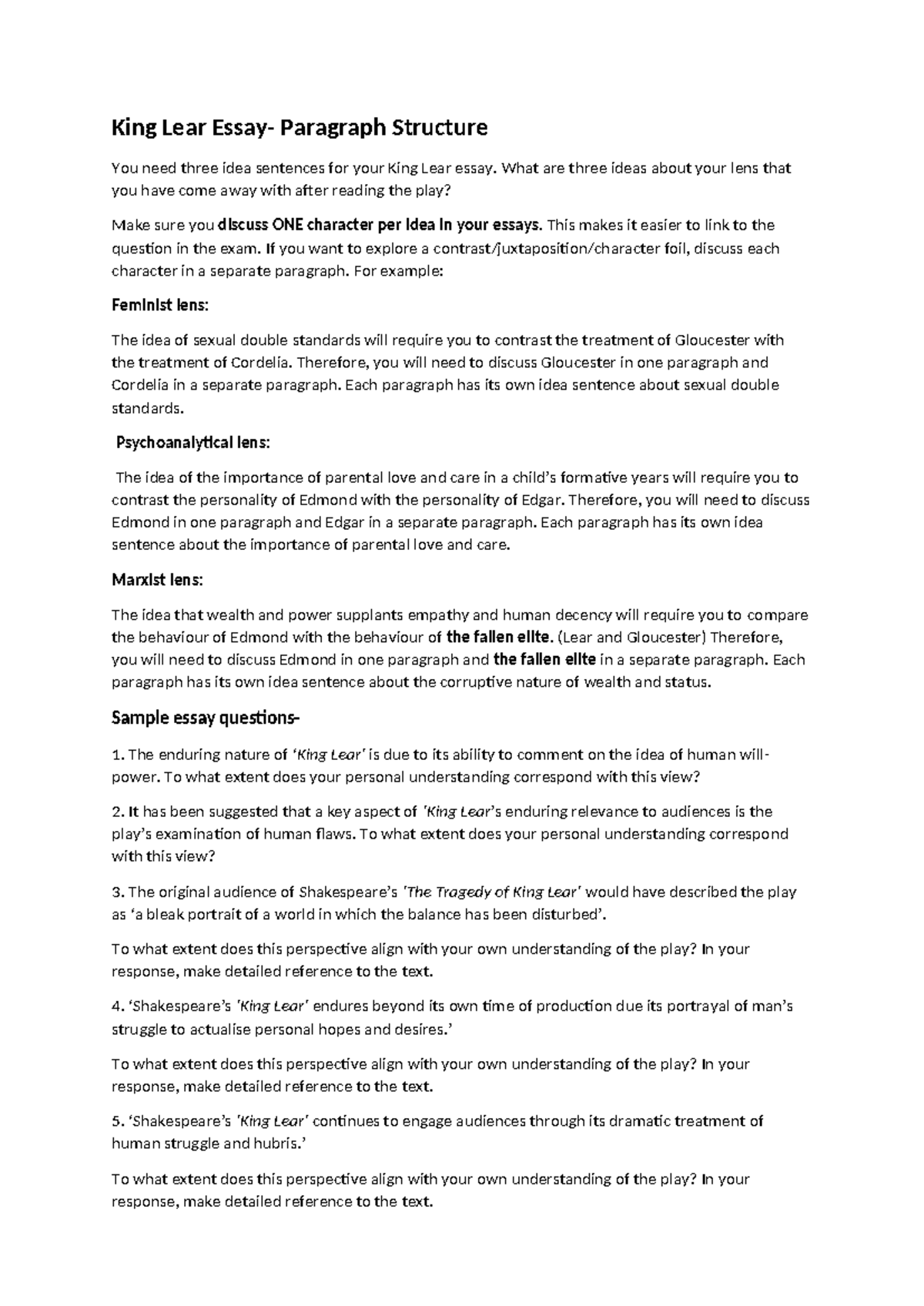 King Lear Essay Notes: Structure & Key Questions for Analysis - Studocu