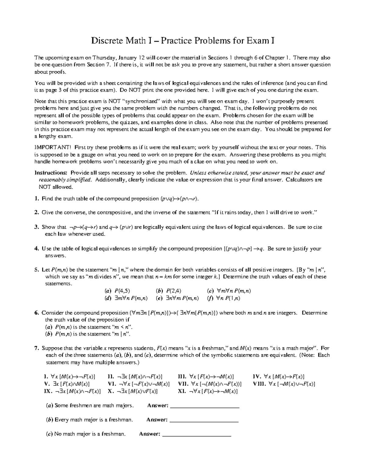Discrete Math I Practice Problems for Exam I - January 12 Review - Studocu