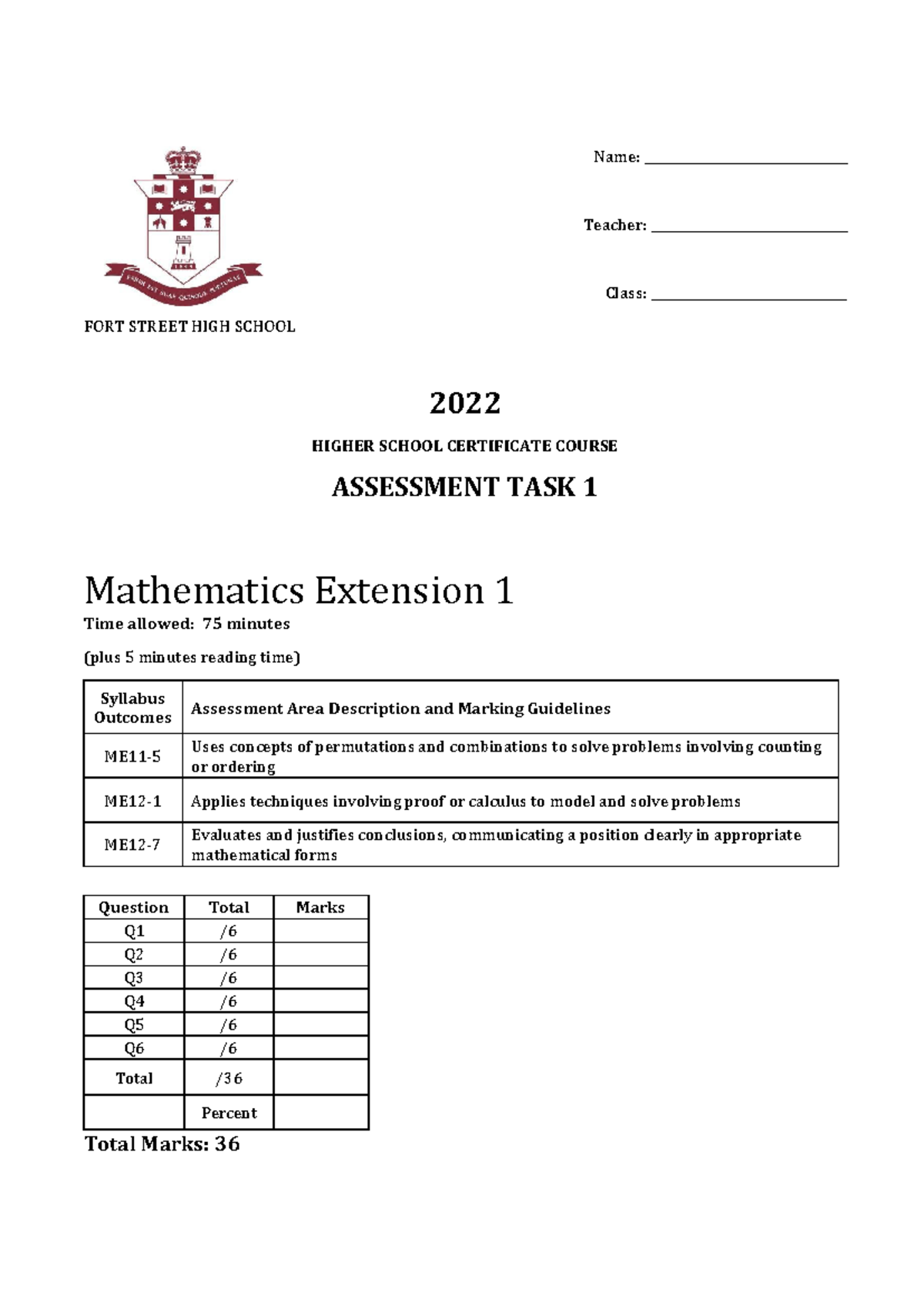 2022 HSC Yr 12 Mathematics Ext 1 Assessment Task 1 Solutions - Studocu