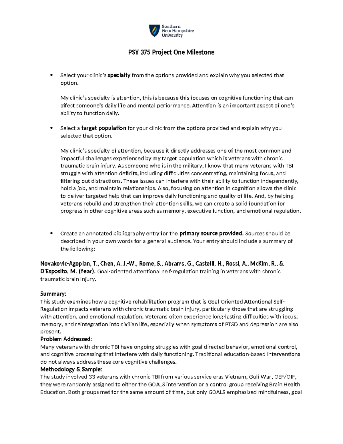PSY 375 Project One Milestone: Attention in Veterans with TBI - Studocu