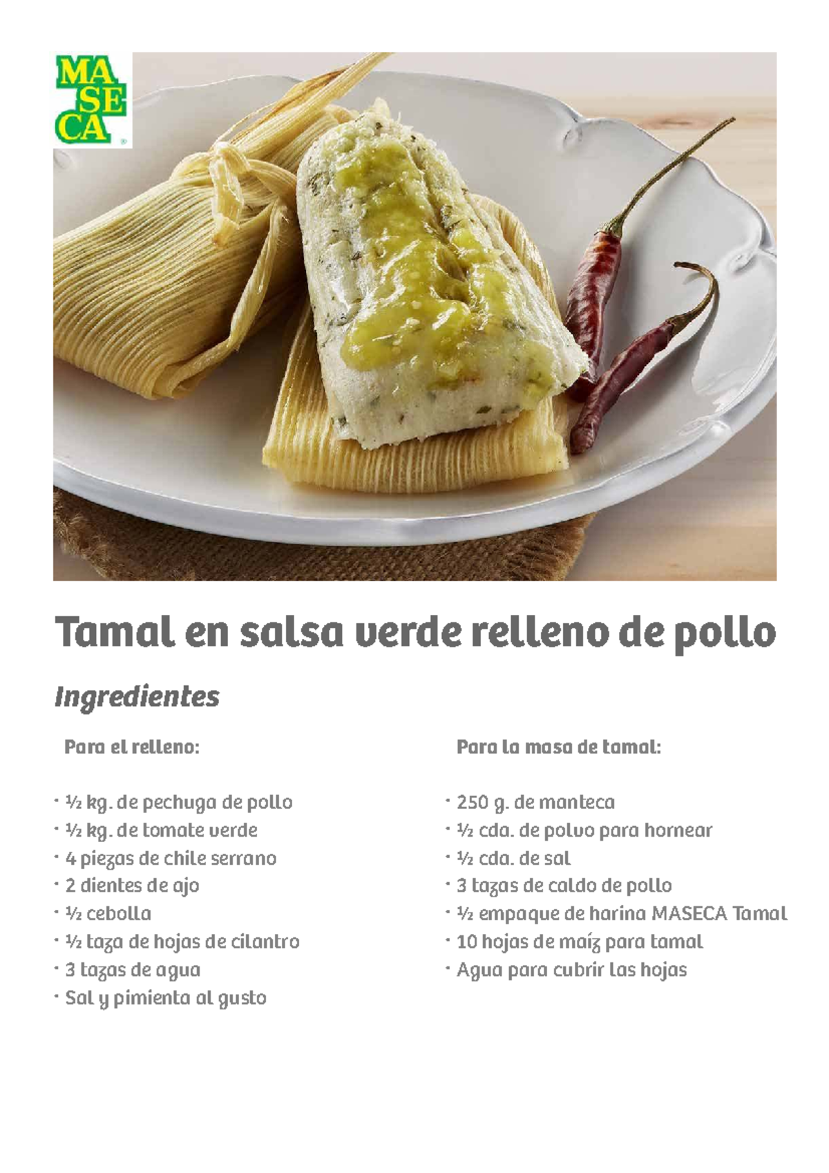Receta de Tamal en Salsa Verde con Pollo y Maseca - Studocu