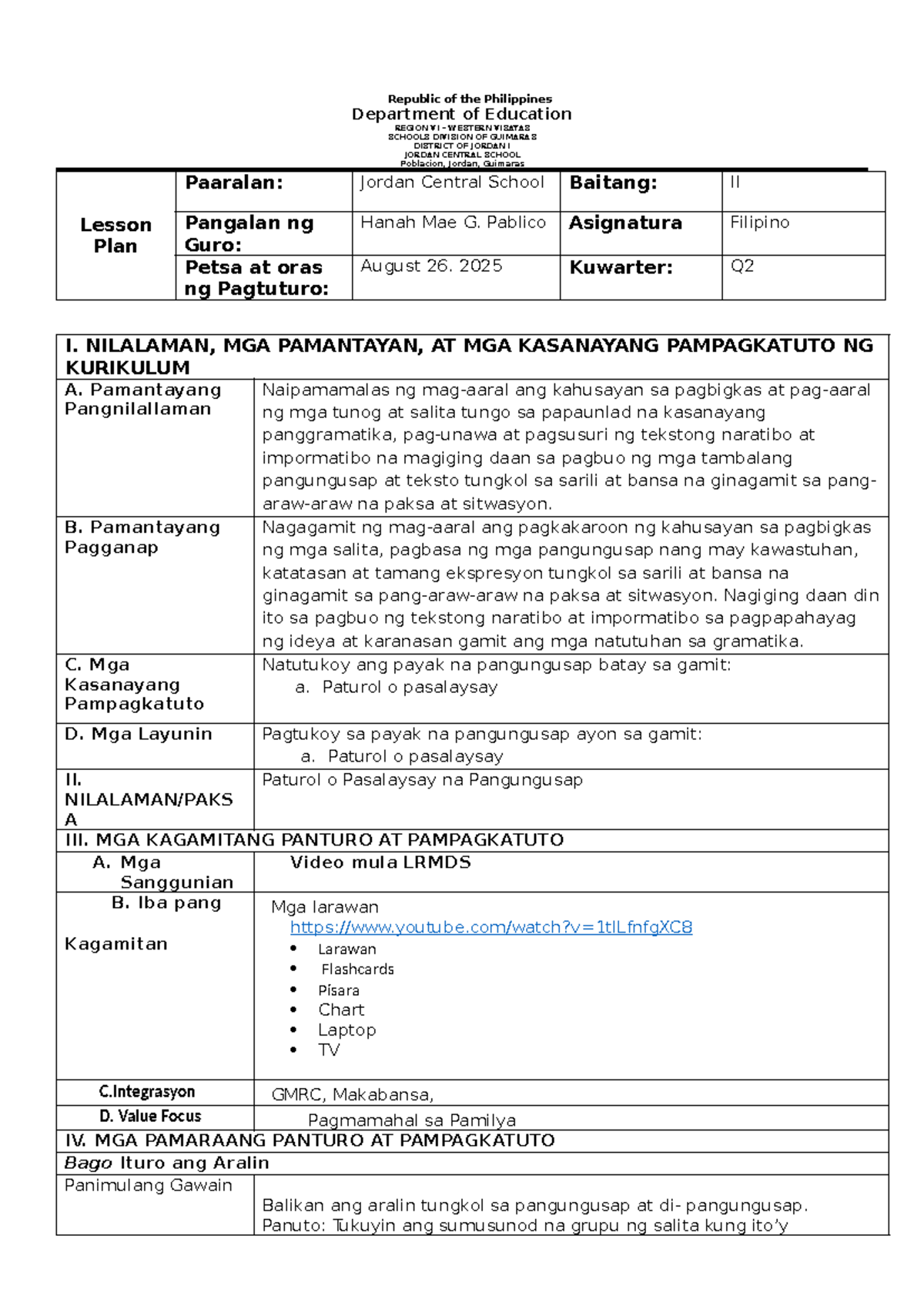 Lesson Plan on Pasalaysay na Pangungusap (Filipino II) - Studocu