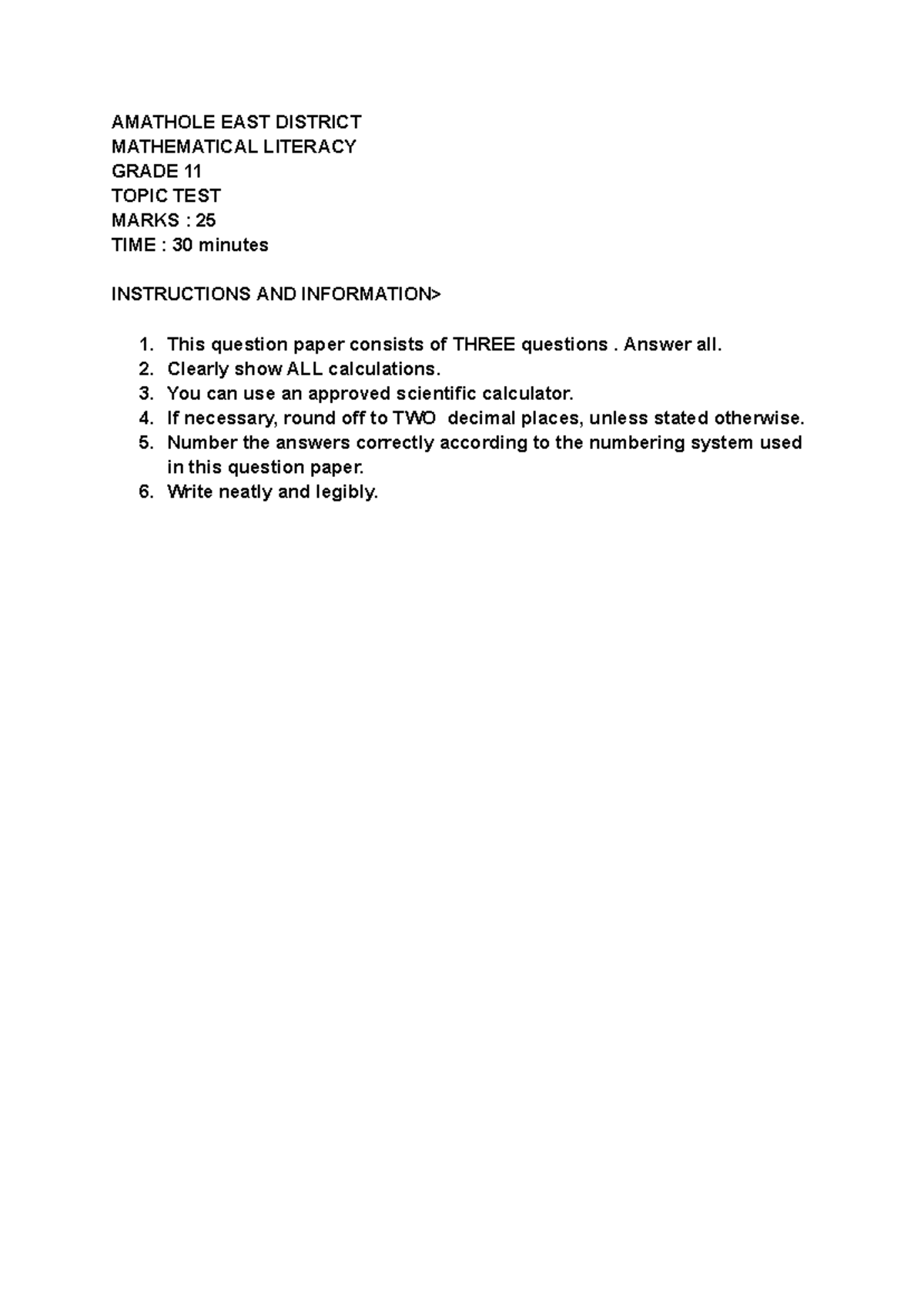 AMATHOLE EAST GRADE 11 MATH TOPIC TEST: MARKS 25, TIME 30 MINUTES - Studocu