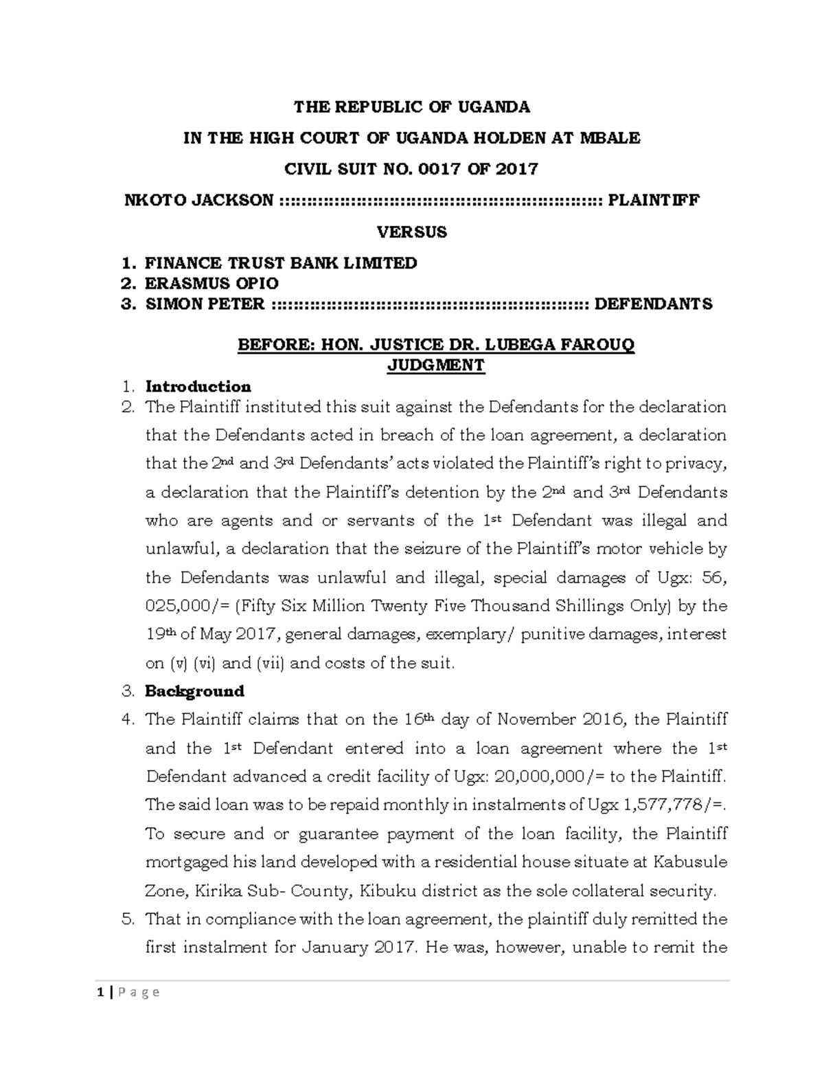 Nkoto Jackson v Finance Trust Bank Ltd: Judgment on Civil Suit No. 0017 ...