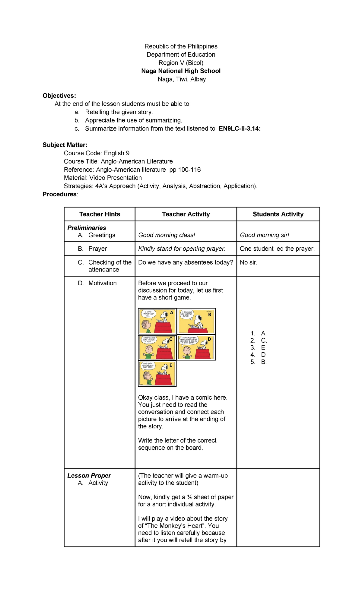 4As Lesson Plan (Final) for English 9: Summarizing Stories and ...