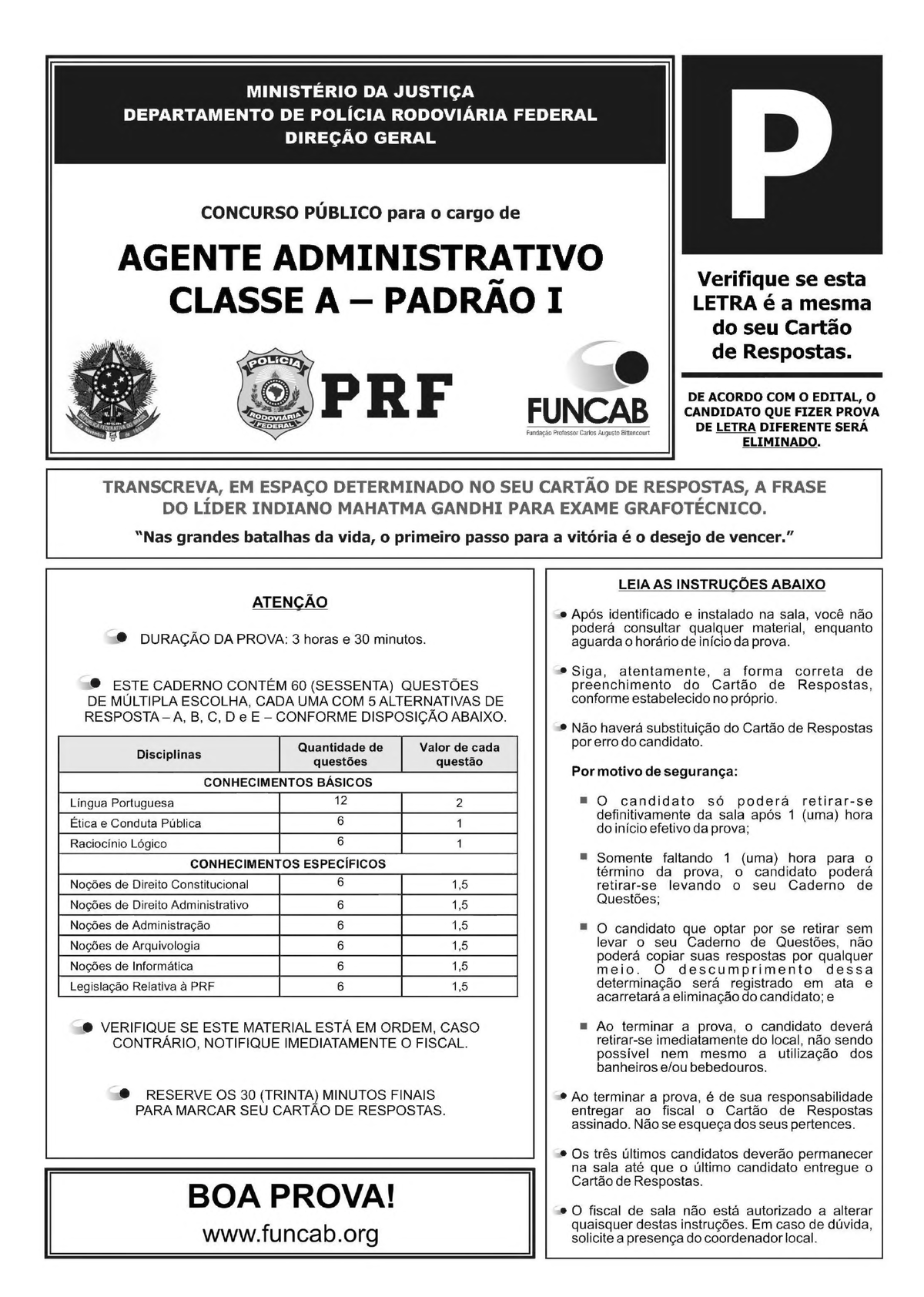 Funcab 2014 PRF Agente Administrativo: Instruções e Questões da Prova ...