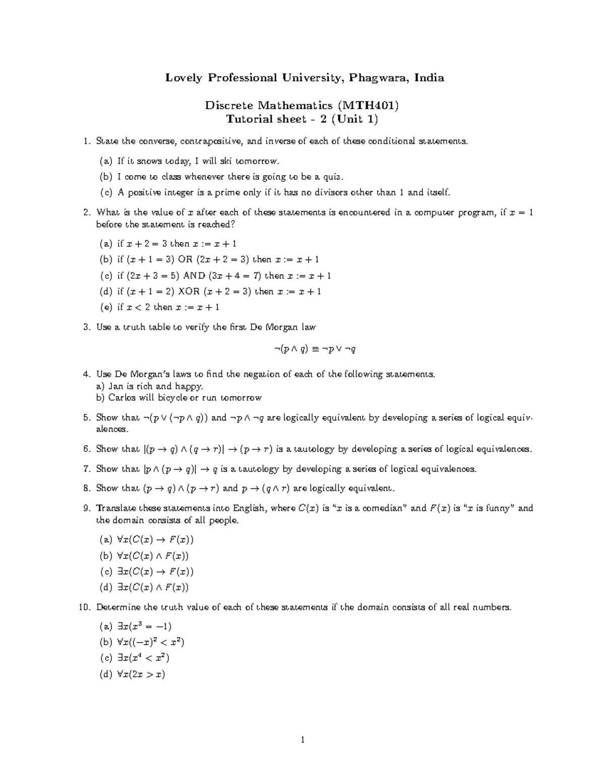MTH401 Discrete Mathematics Tutorial Sheet 2: Logic & Truth Tables ...