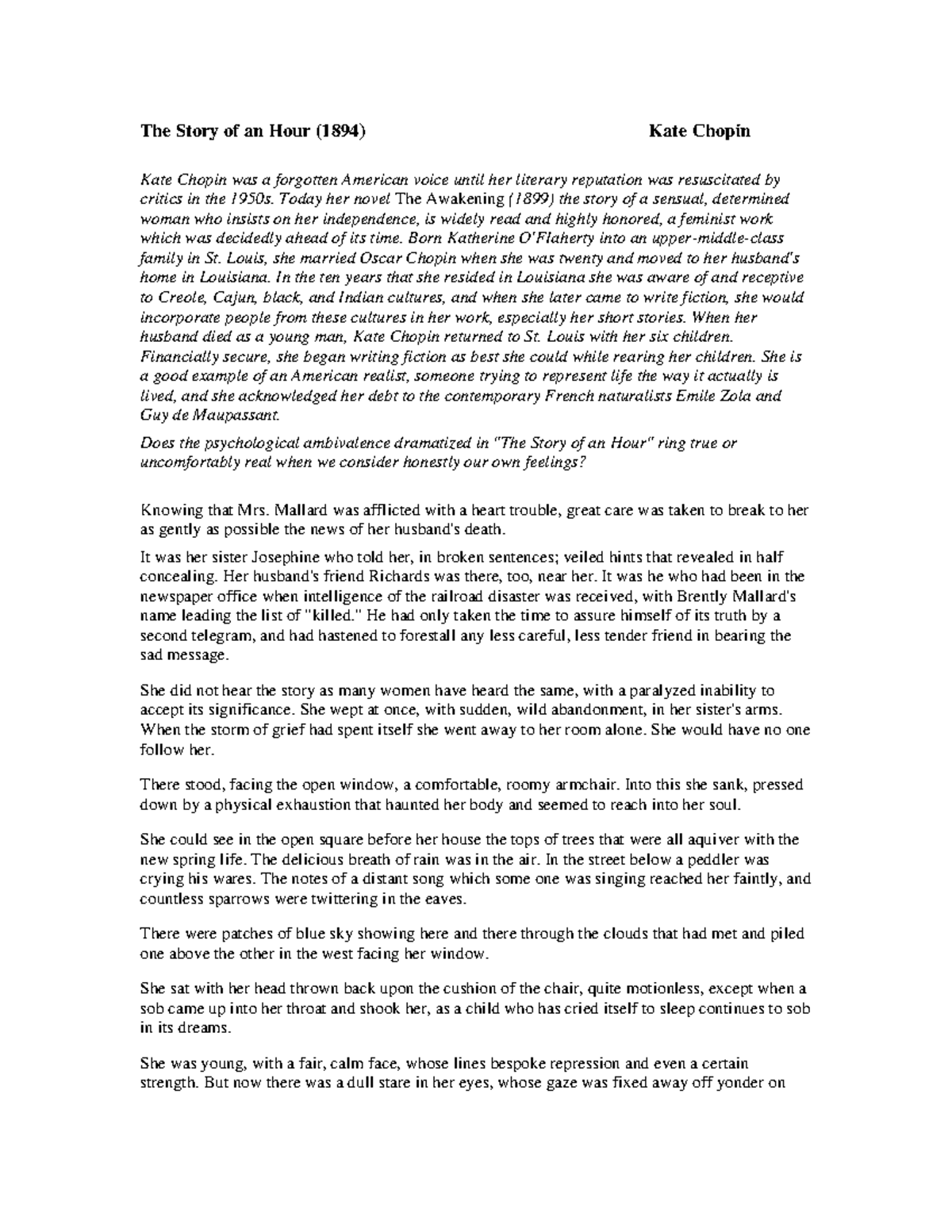 Kate Chopin's 'The Story of an Hour': An Analysis of Freedom and ...