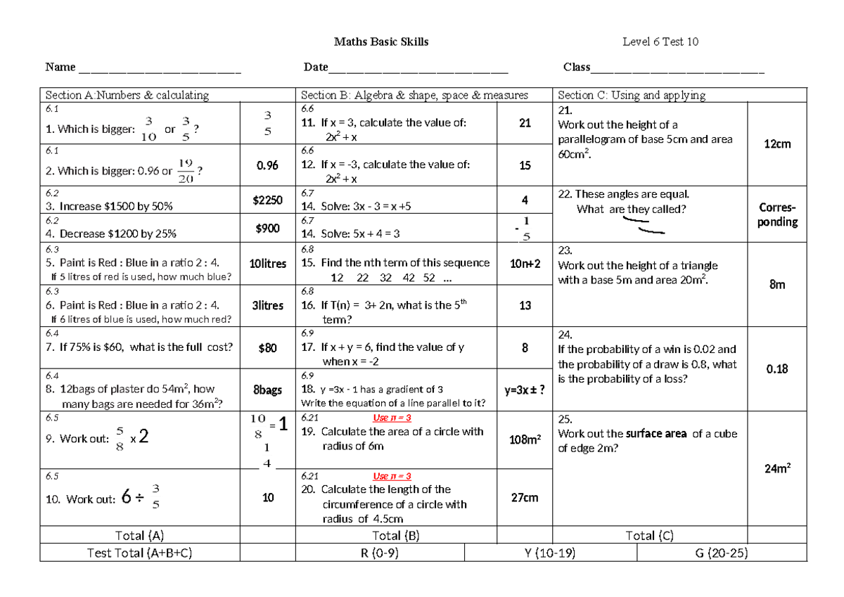 Maths Level 6 Test 10 Answers - Grade 6 Practice Exercises - Studocu