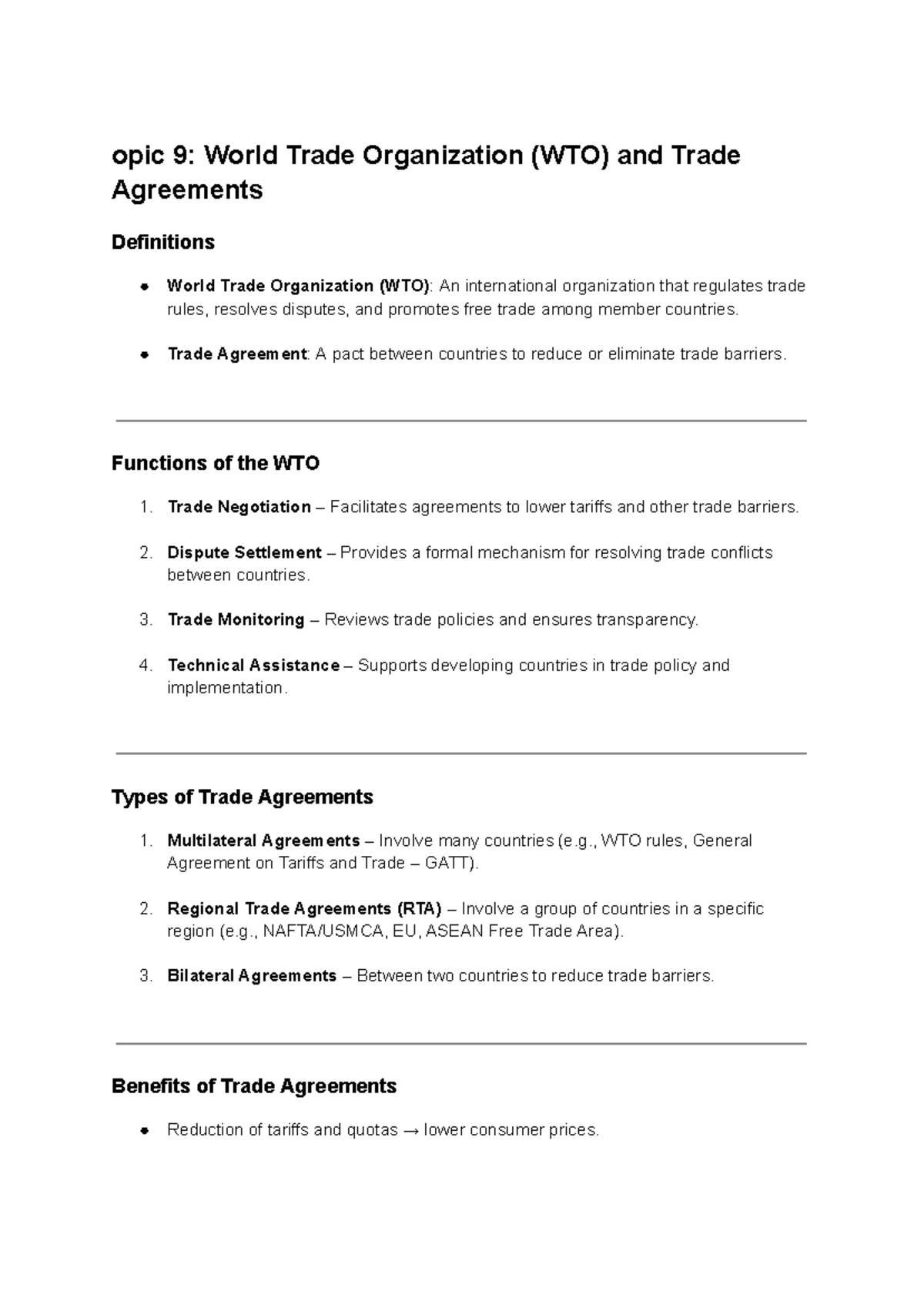 Topic 9: WTO and Trade Agreements Overview and Definitions - Studocu
