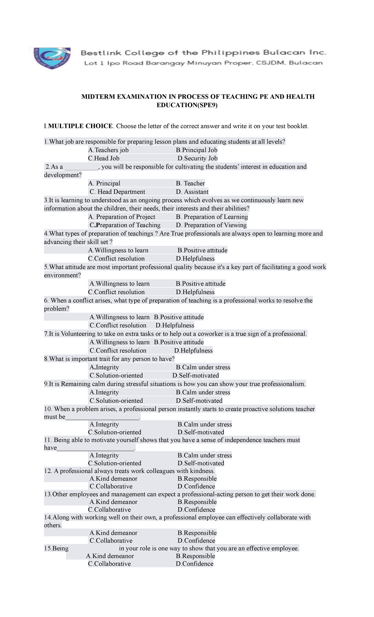 PE Health Midterm Exam (SPE9): Process of Teaching Questions & Answers - Studocu