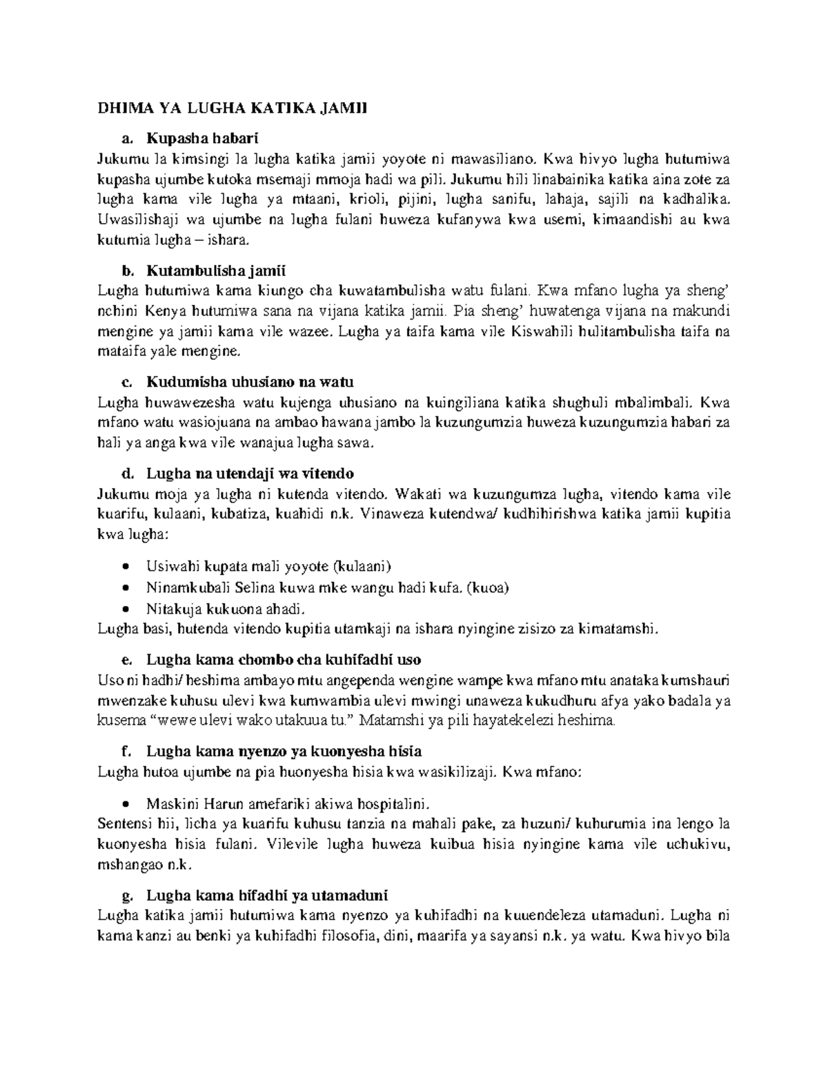 Dhima YA Lugha Katika Jamii - DHIMA YA LUGHA KATIKA JAMII a. Kupasha ...