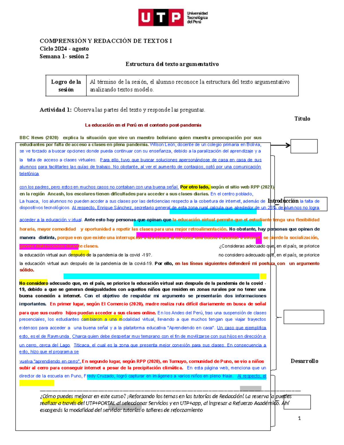 Estructura y Análisis de Texto Argumentativo en COMPRENSIÓN Y REDACCIÓN I - Studocu