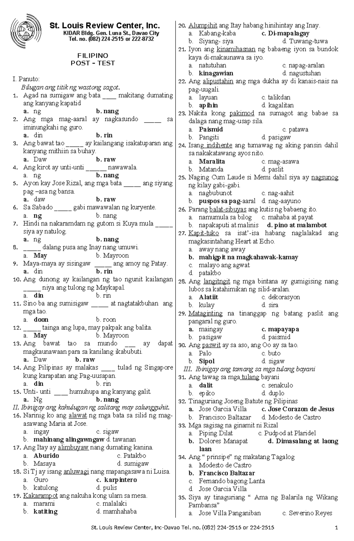 SLRC Filipino Post Test I: 100 Item Quiz on Language Skills - Studocu